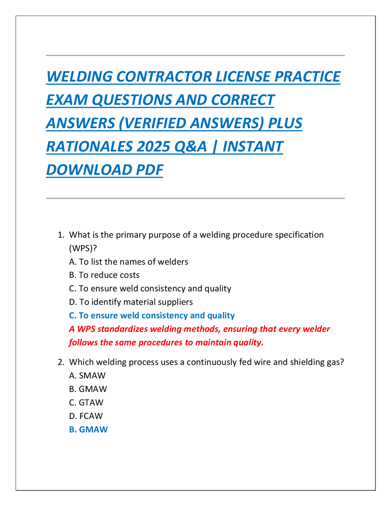 WELDING CONTRACTOR LICENSE PRACTICE EXAM QUESTIONS AND CORRECT ANSWERS ...