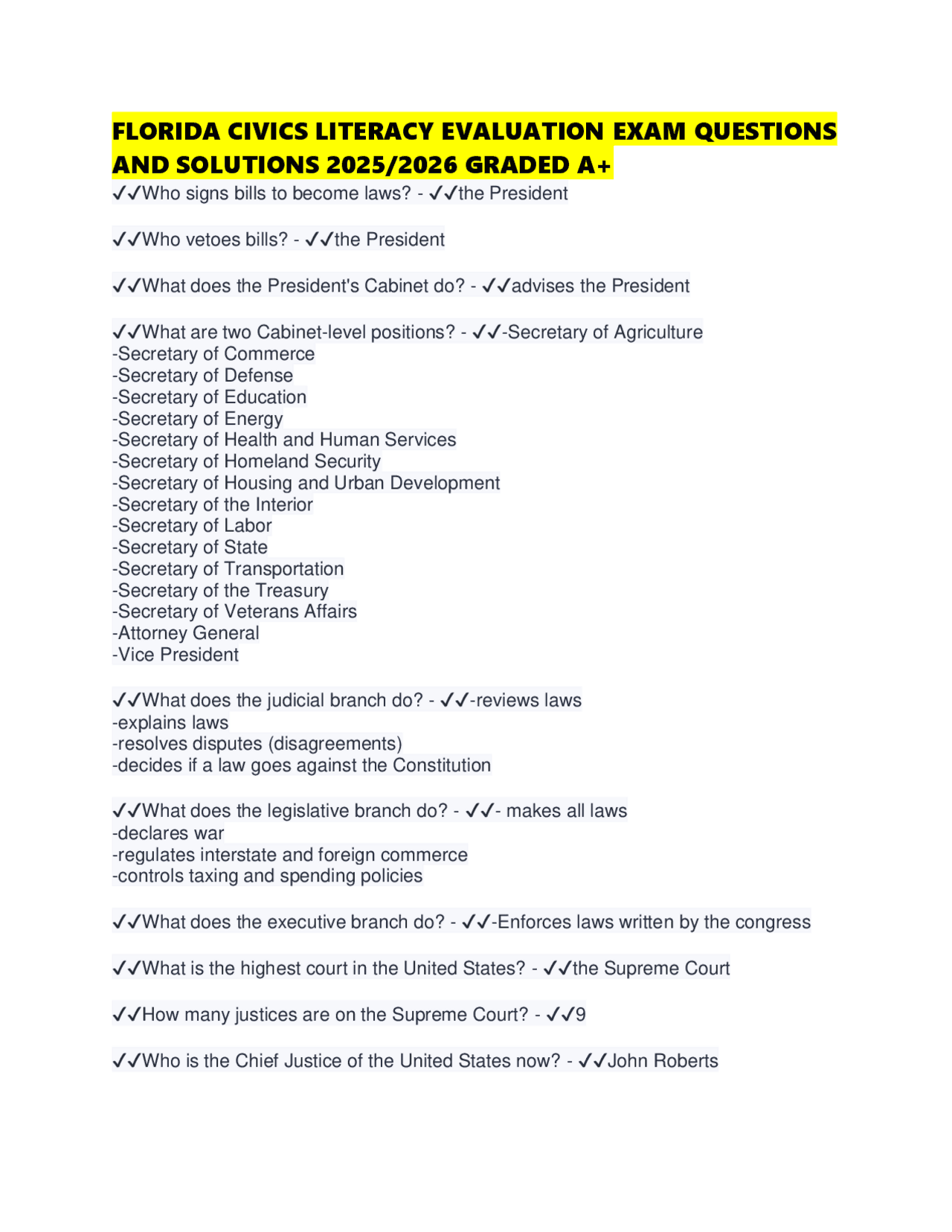 FLORIDA CIVICS LITERACY EVALUATION EXAM QUESTIONS AND SOLUTIONS 2025/ ...