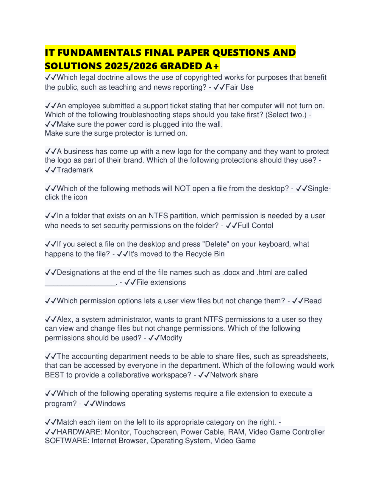 IT FUNDAMENTALS FINAL PAPER QUESTIONS AND SOLUTIONS 2025/2026 GRADED A+ ...