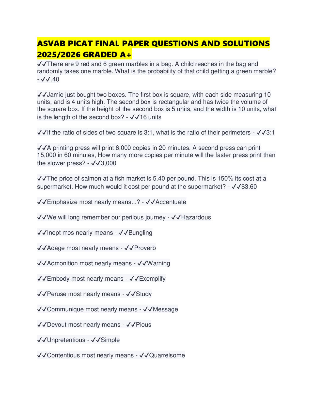 ASVAB PICAT FINAL PAPER QUESTIONS AND SOLUTIONS 2025/2026 GRADED A+ ...