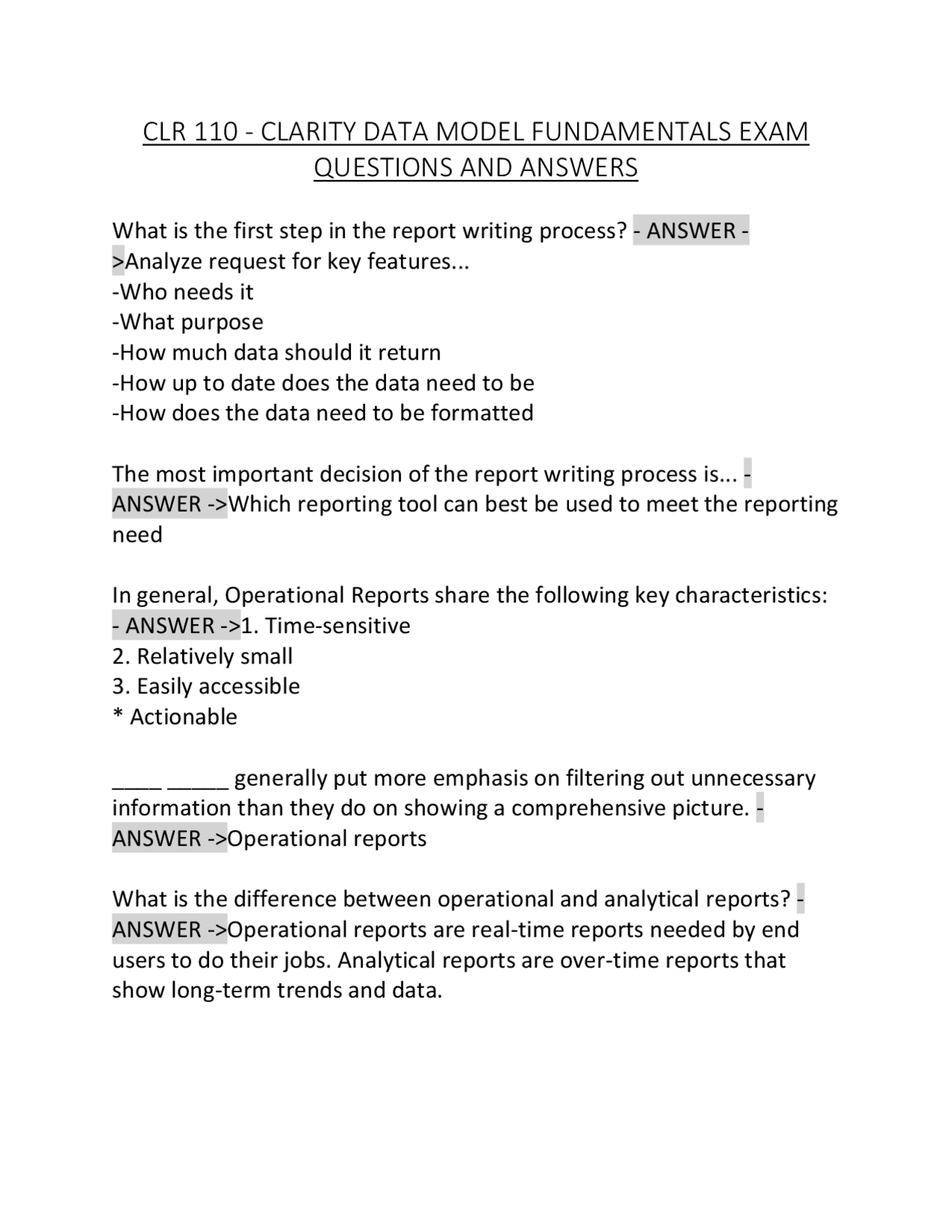 Clarity Data Model Fundamentals: Exam Q&A for Data Reporting | Exams ...