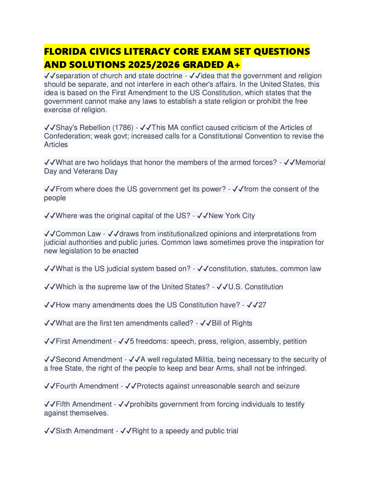 FLORIDA CIVICS LITERACY CORE EXAM SET QUESTIONS AND SOLUTIONS 2025/2026 ...