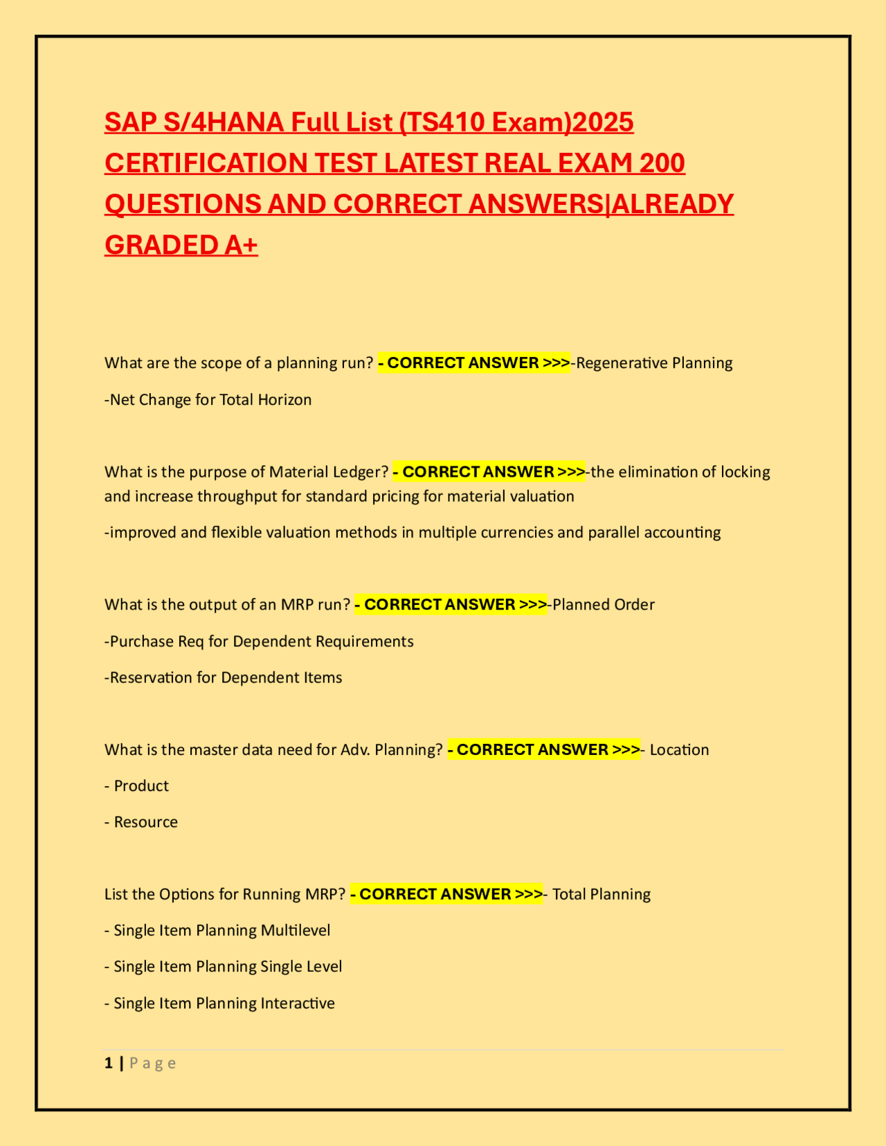 SAP S/4HANA Full List (TS410 Exam)2025 CERTIFICATION TEST LATEST EXAM ...