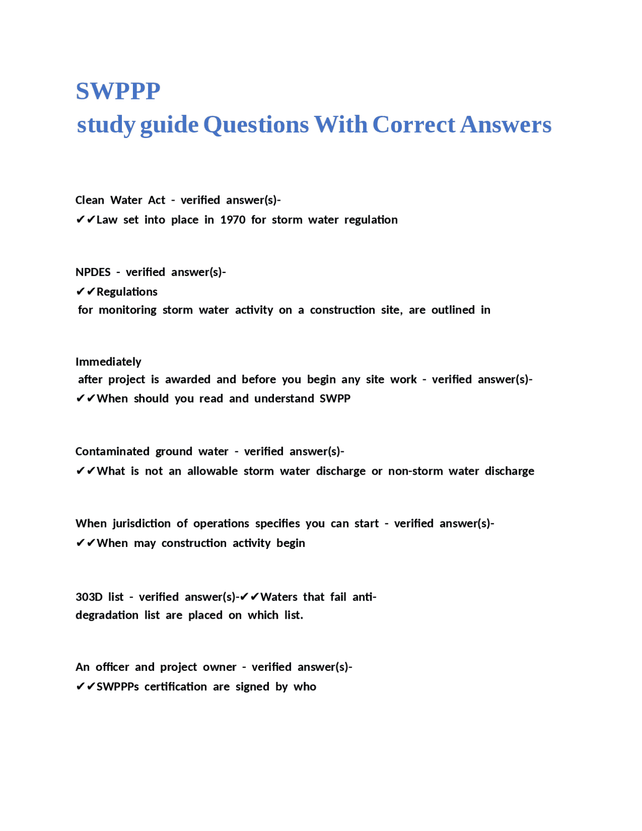 SWPPP study guide Questions With Correct Answers. | Exams Water and ...