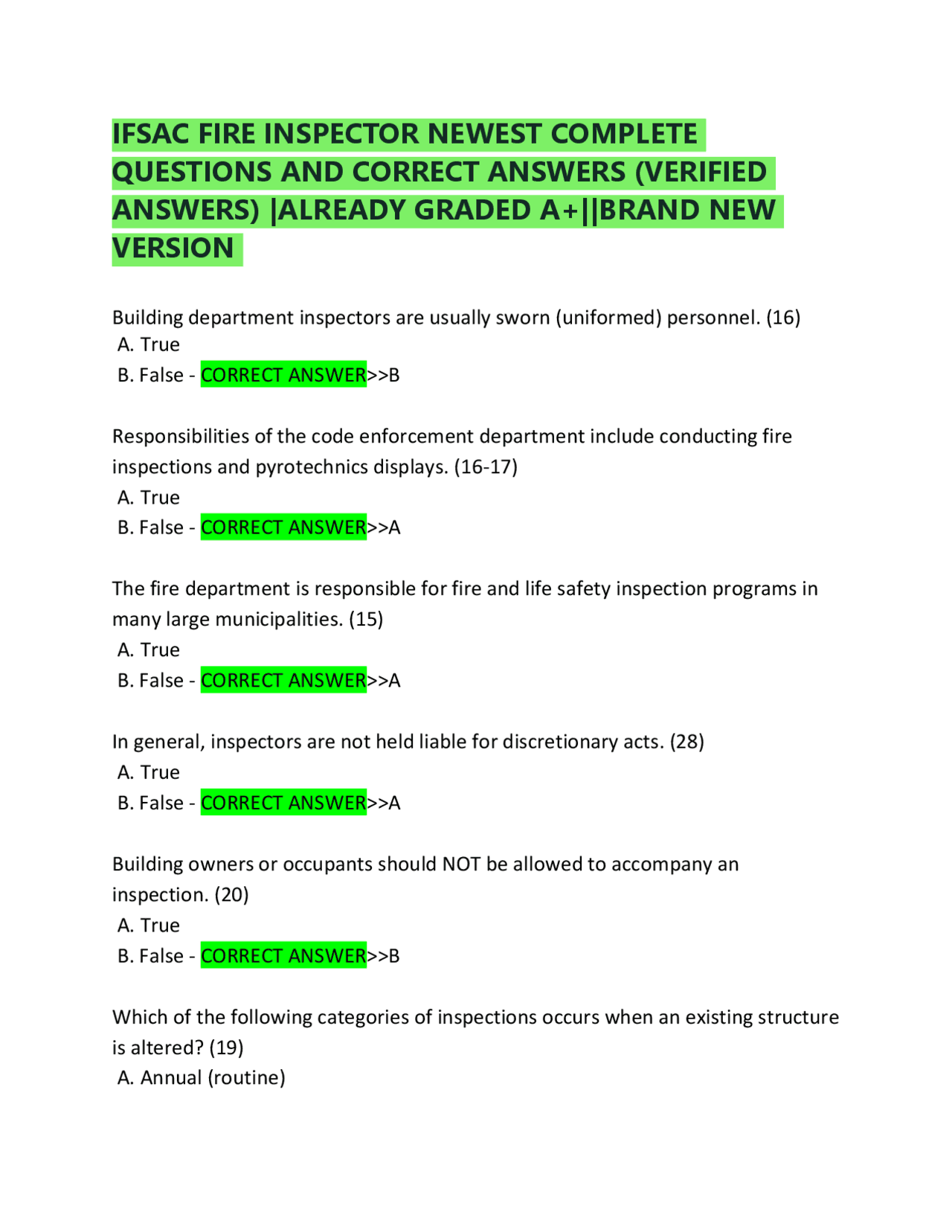 IFSAC Fire Inspector Exam Prep: Questions and Verified Answers | Exams ...