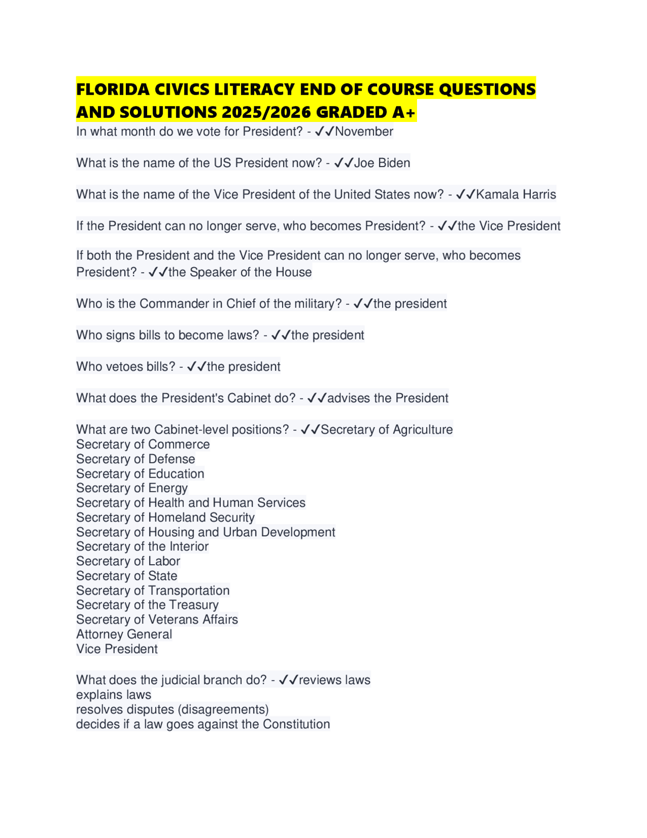 FLORIDA CIVICS LITERACY END OF COURSE QUESTIONS AND SOLUTIONS 2025/2026 ...