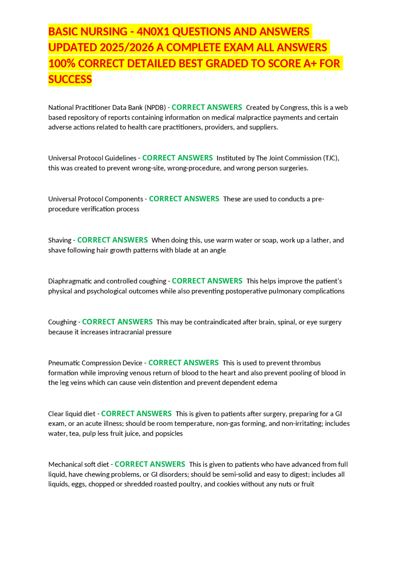 BASIC NURSING - 4N0X1 QUESTIONS AND ANSWERS UPDATED 2025/2026 A ...