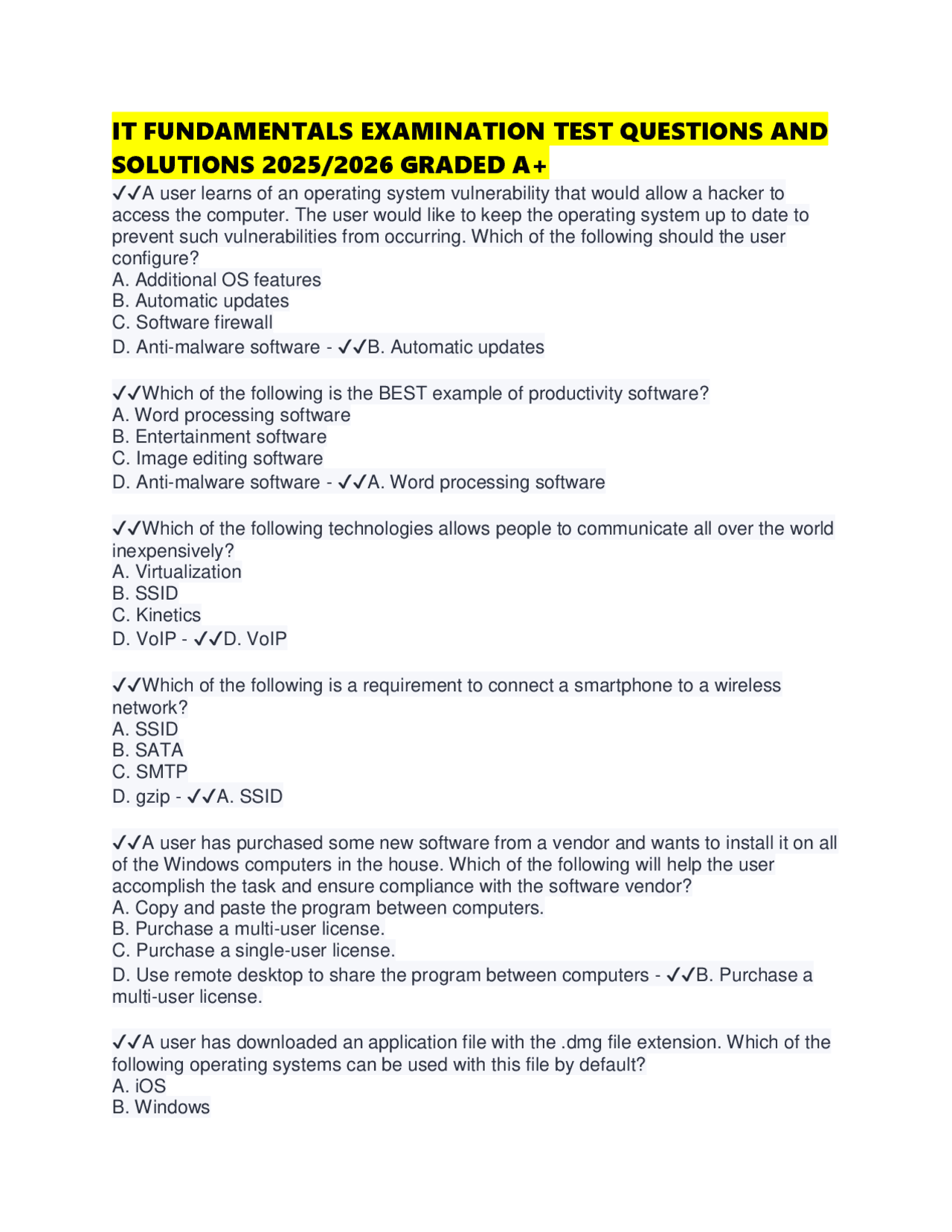 IT Fundamentals Exam Questions and Solutions 2025/2026 | Exams ...