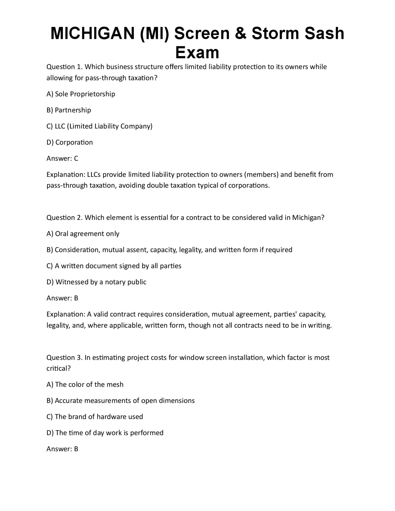 MICHIGAN (MI) Screen & Storm Sash Exam | Exams Technology | Docsity