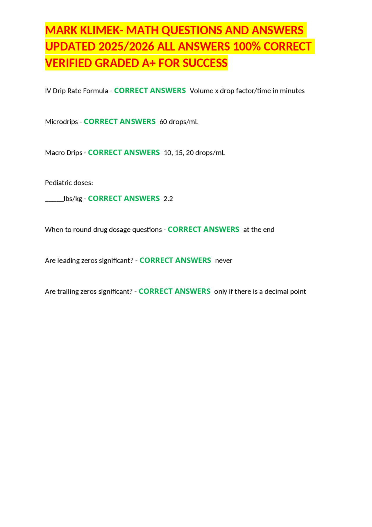 MARK KLIMEK- MATH QUESTIONS AND ANSWERS UPDATED 2025/2026 ALL ANSWERS ...