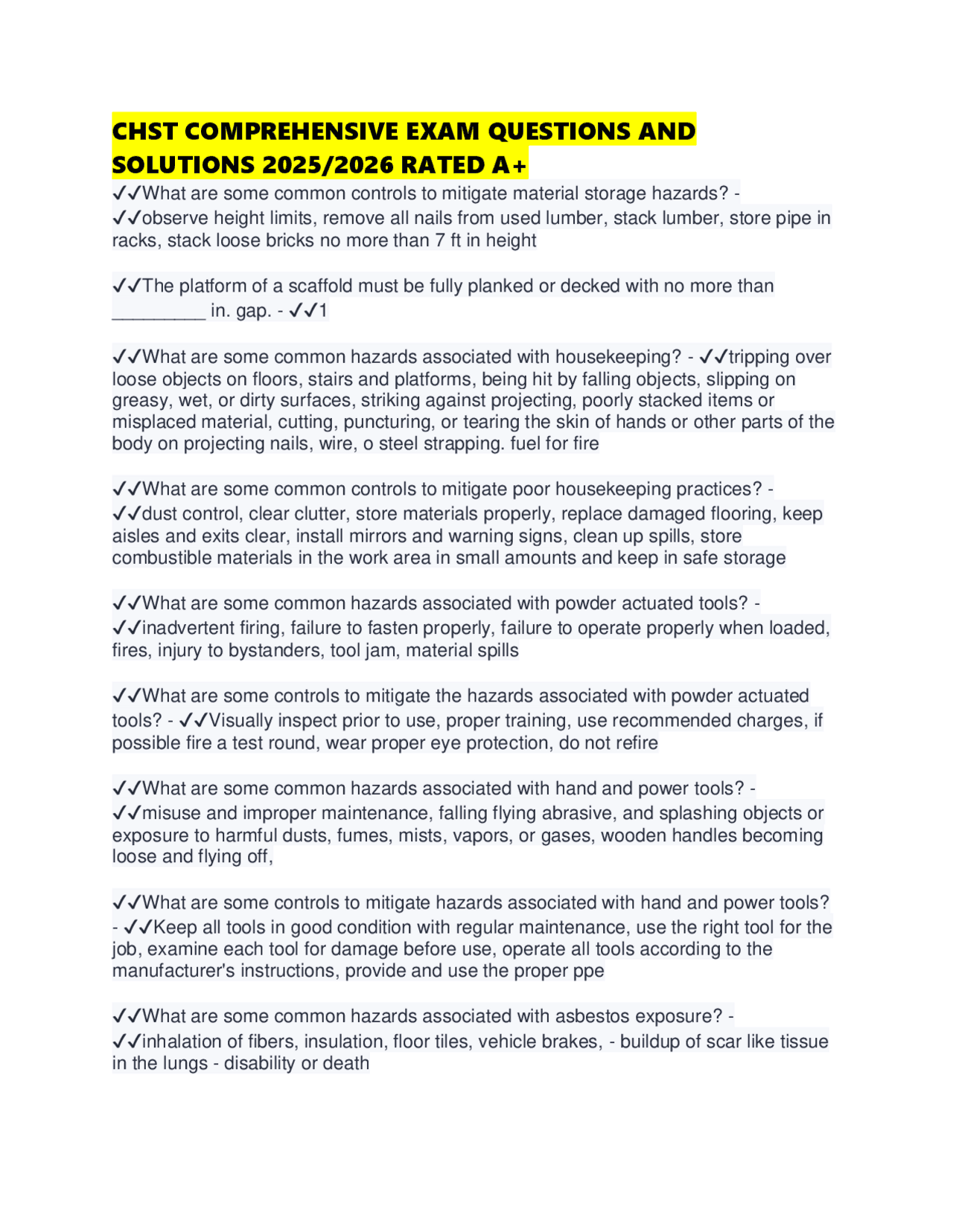 CHST COMPREHENSIVE EXAM QUESTIONS AND SOLUTIONS 2025/2026 RATED A+ ...
