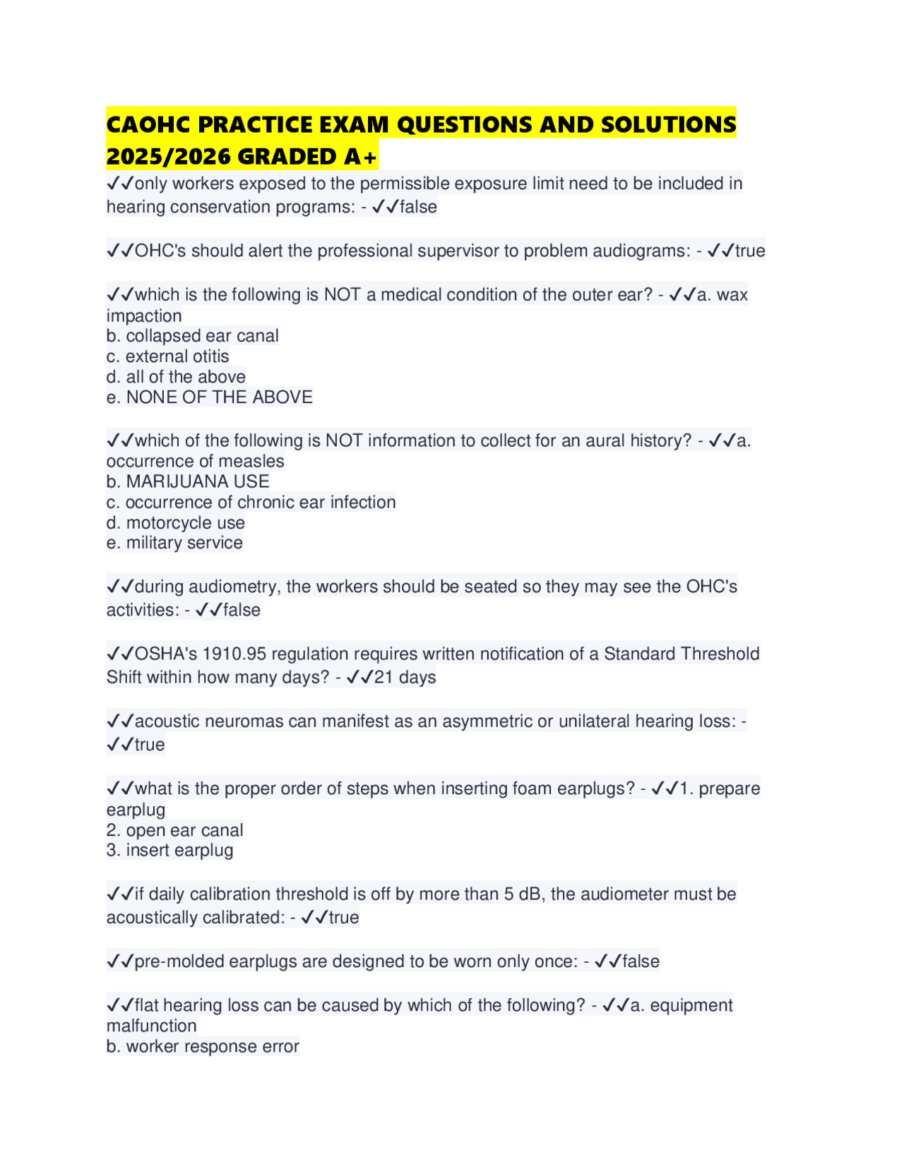 CAOHC PRACTICE EXAM QUESTIONS AND SOLUTIONS 2025/2026 GRADED A+ | Exams ...