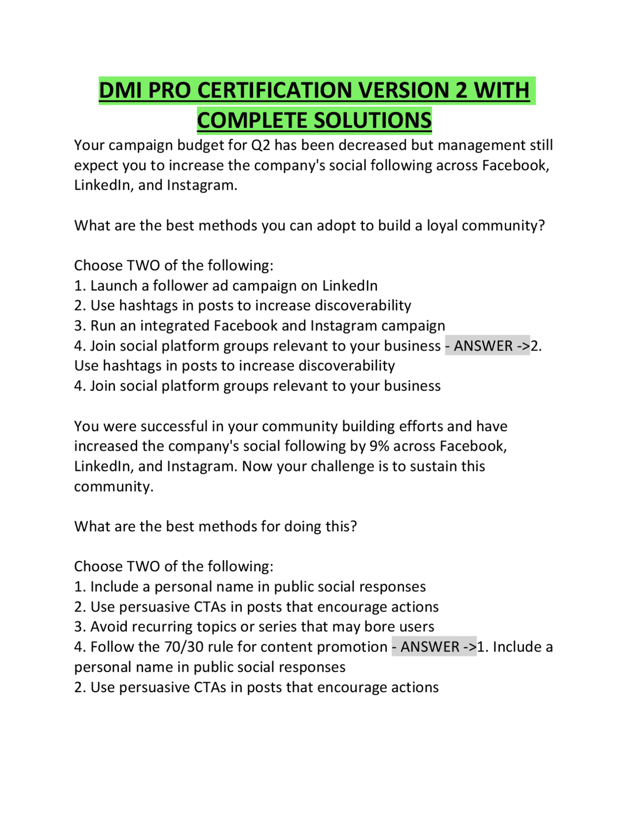 DMI PRO CERTIFICATION VERSION 2 WITH COMPLETE SOLUTIONS | Exams ...