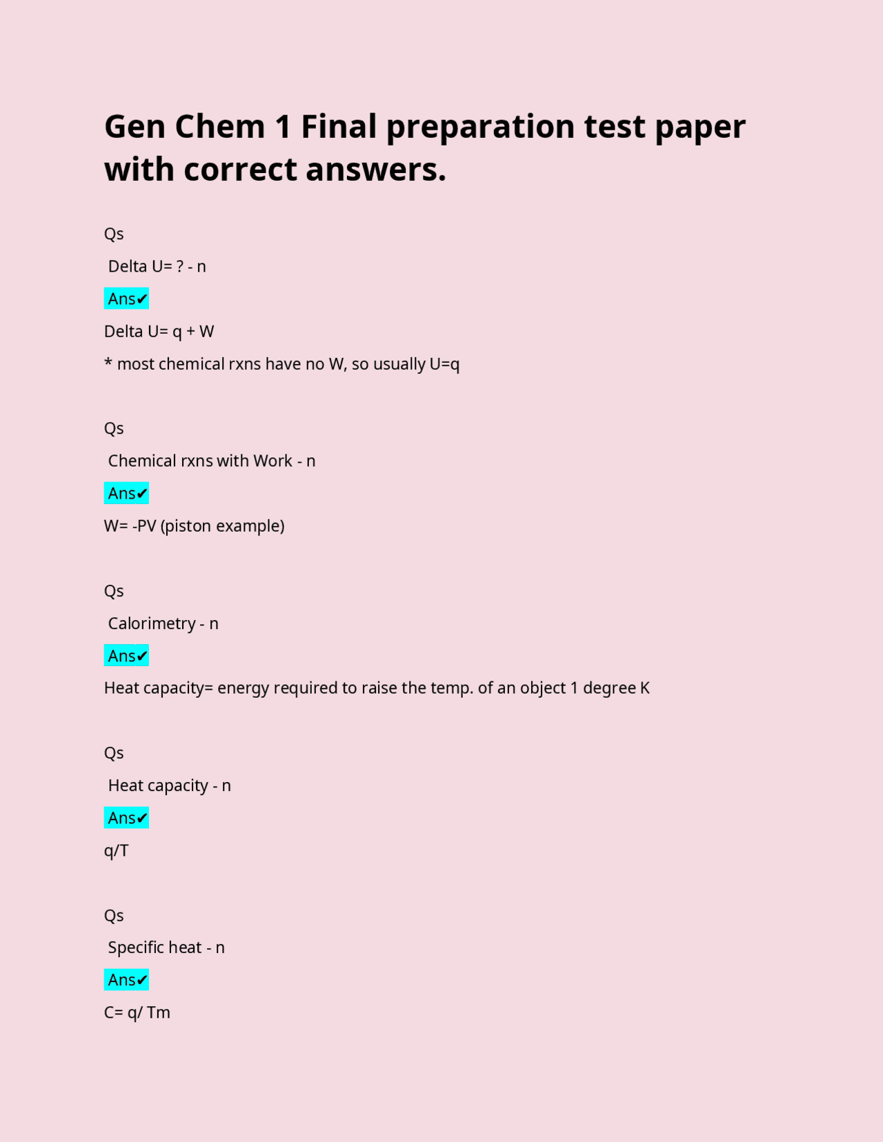 Gen Chem 1 Final preparation test paper with correct answers. Qs Delta ...