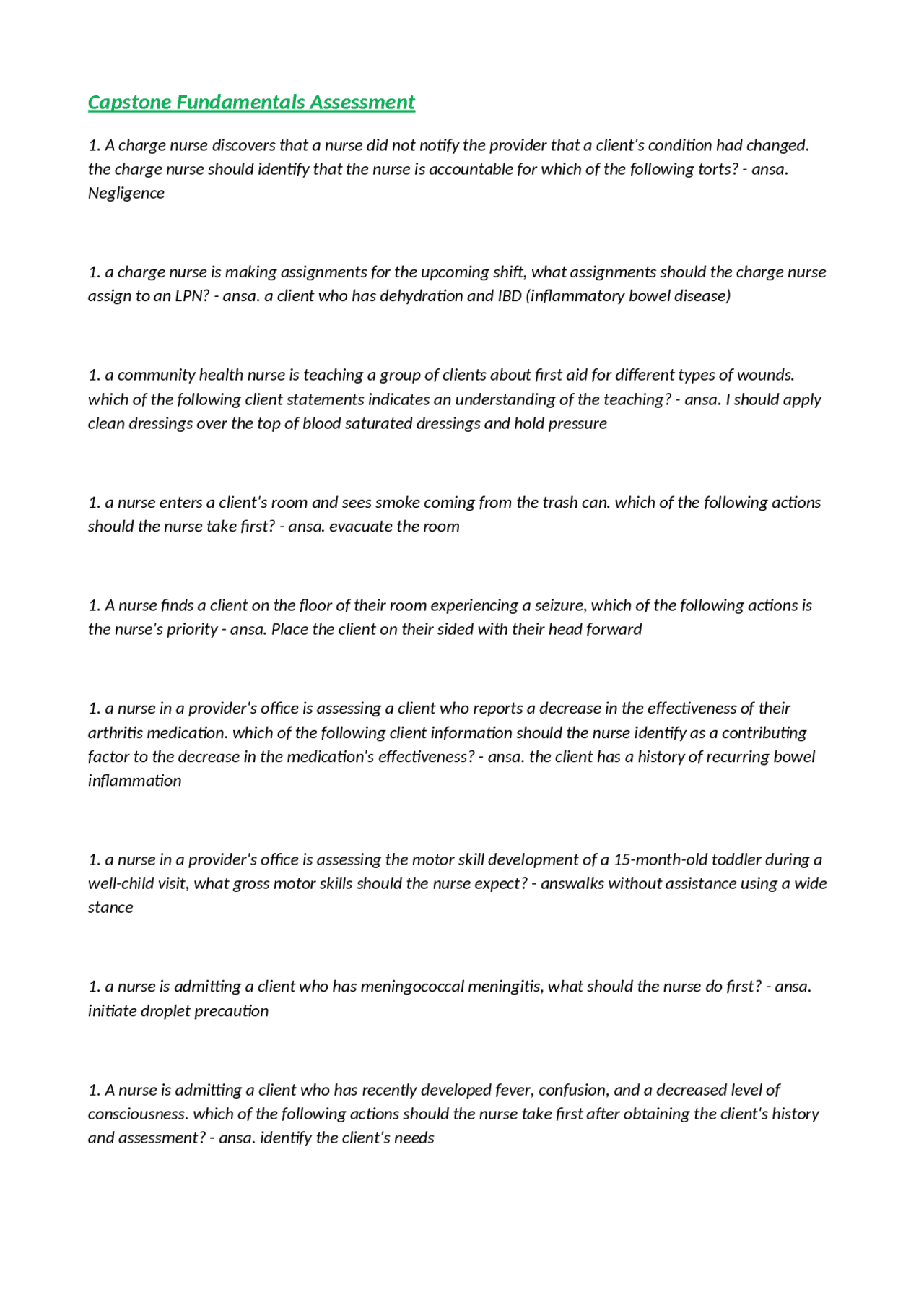 Capstone Fundamentals Assessment.odt | Exercises Nursing | Docsity