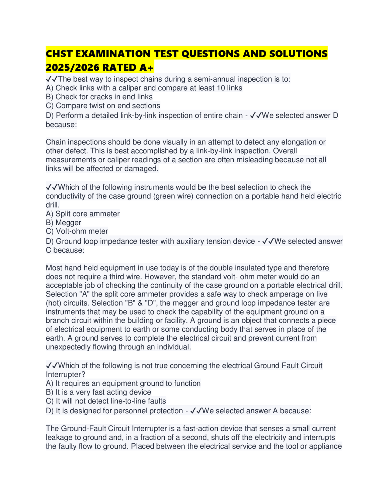 CHST EXAMINATION TEST QUESTIONS AND SOLUTIONS 2025/2026 RATED A+ ...