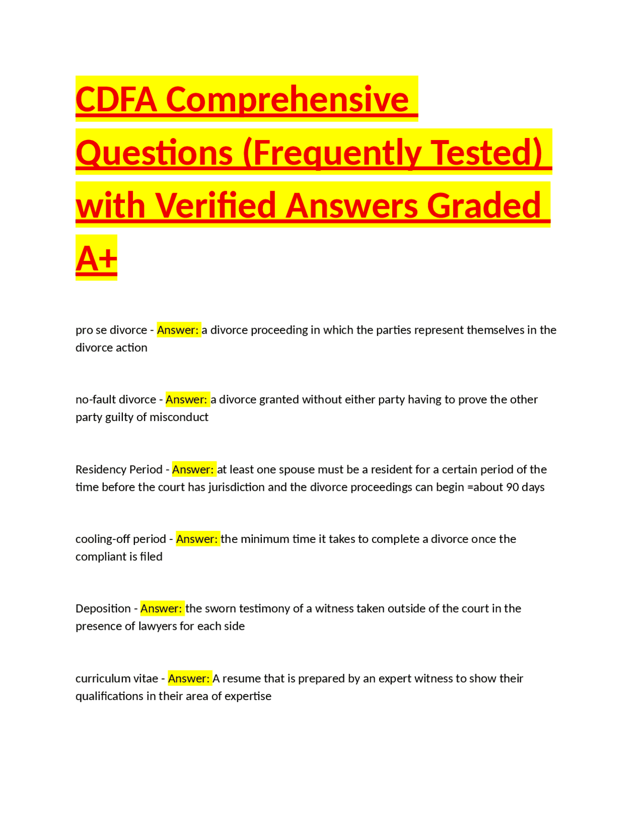 CDFA Exam Prep: Frequently Tested Questions & Answers | Exams Law | Docsity