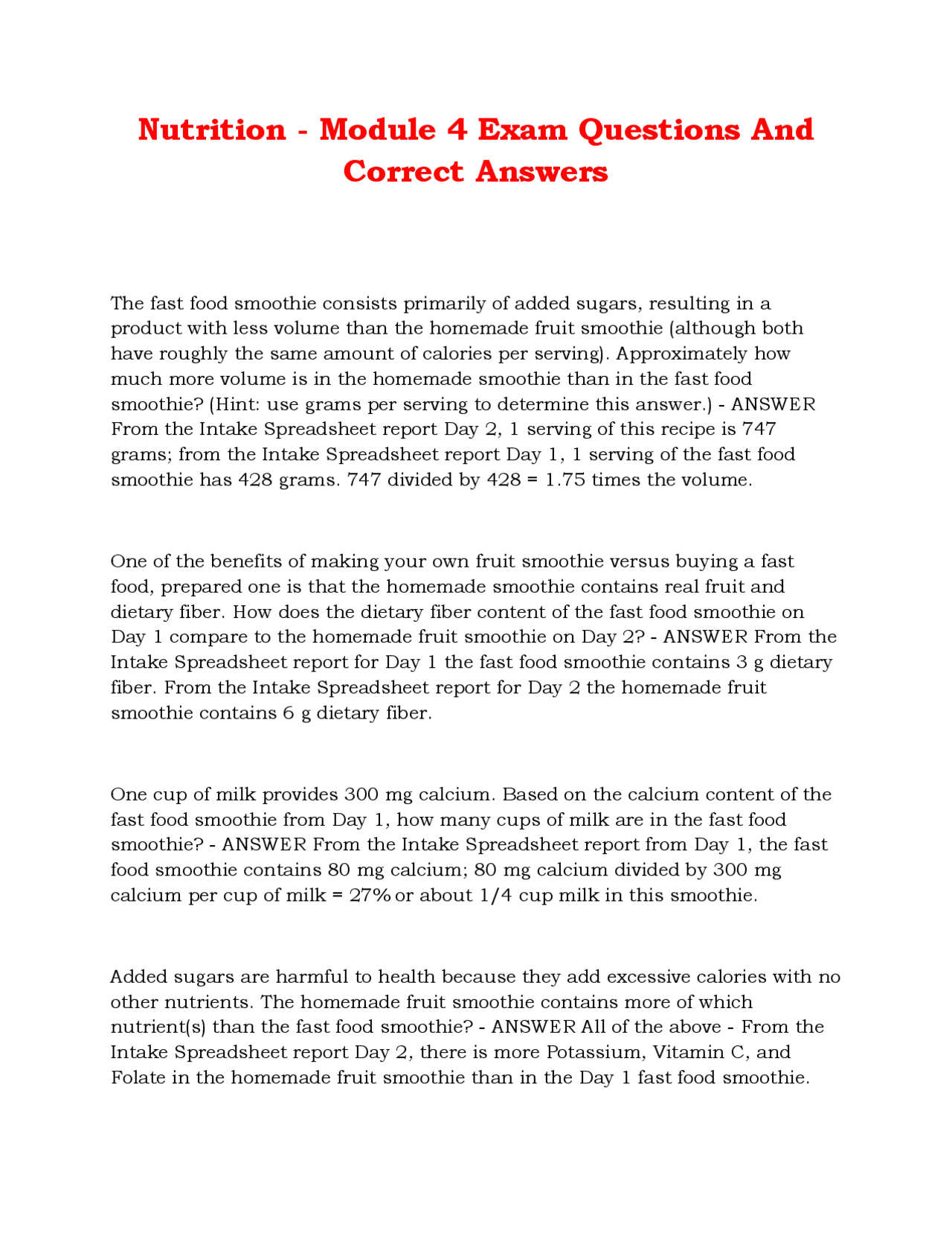 Nutrition - Module 4 Exam Questions And Correct Answers | Exams ...