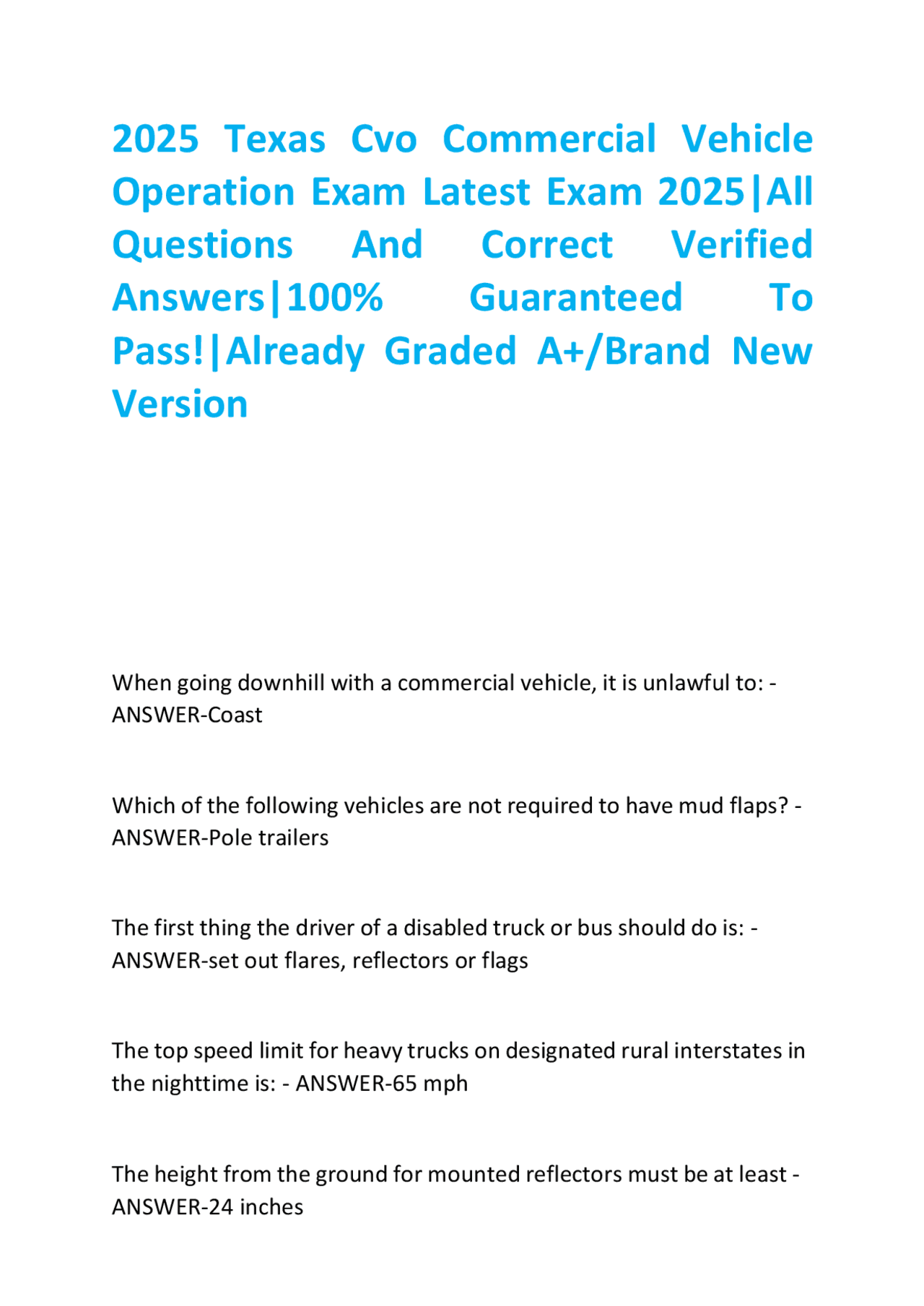 2025 Texas Cvo Commercial Vehicle Operation Exam Latest Exam 2025|All ...