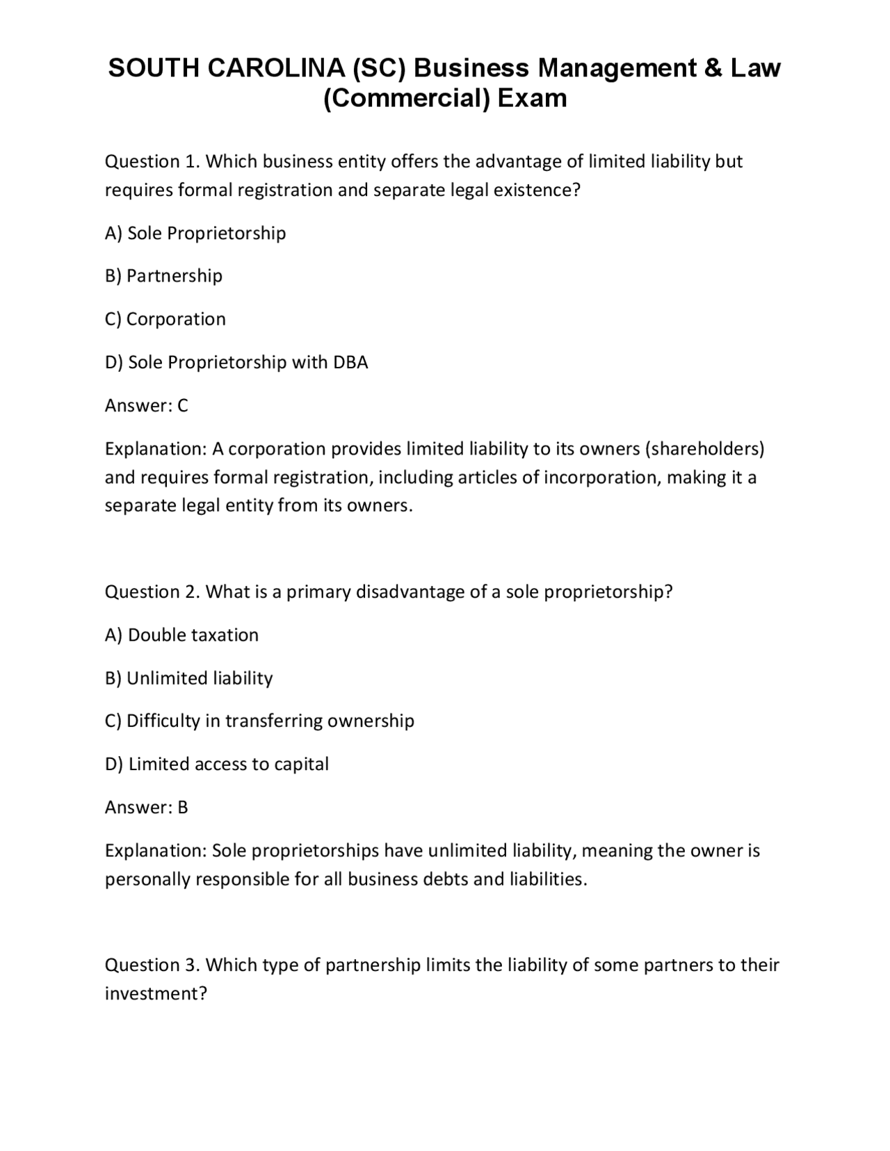 SOUTH CAROLINA (SC) Business Management & Law (Commercial) Exam | Exams ...