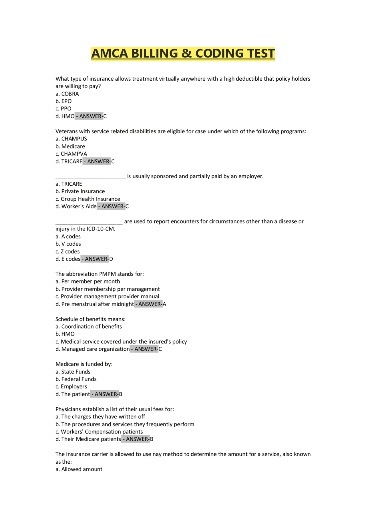 AMCA MAA BILLING &CODING questions and answers rated A+ 2025 | Exams ...
