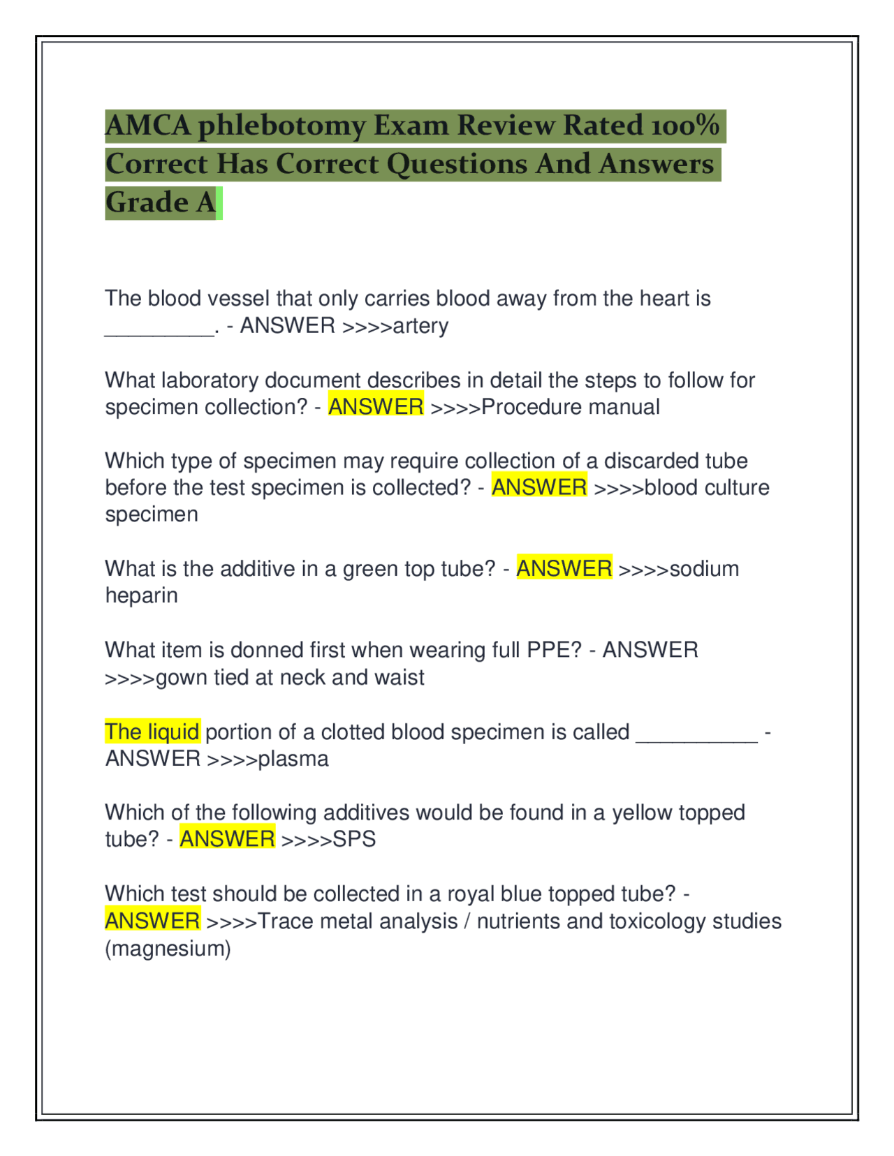 AMCA phlebotomy Exam Review Rated 100% Correct Has Correct Questions ...