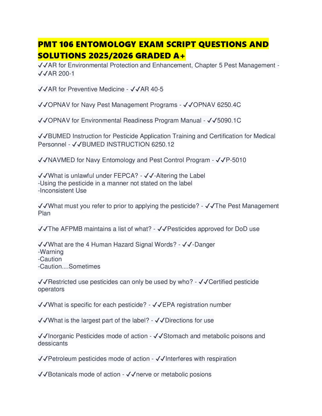 PMT 106 ENTOMOLOGY EXAM SCRIPT QUESTIONS AND SOLUTIONS 2025/2026 GRADED ...