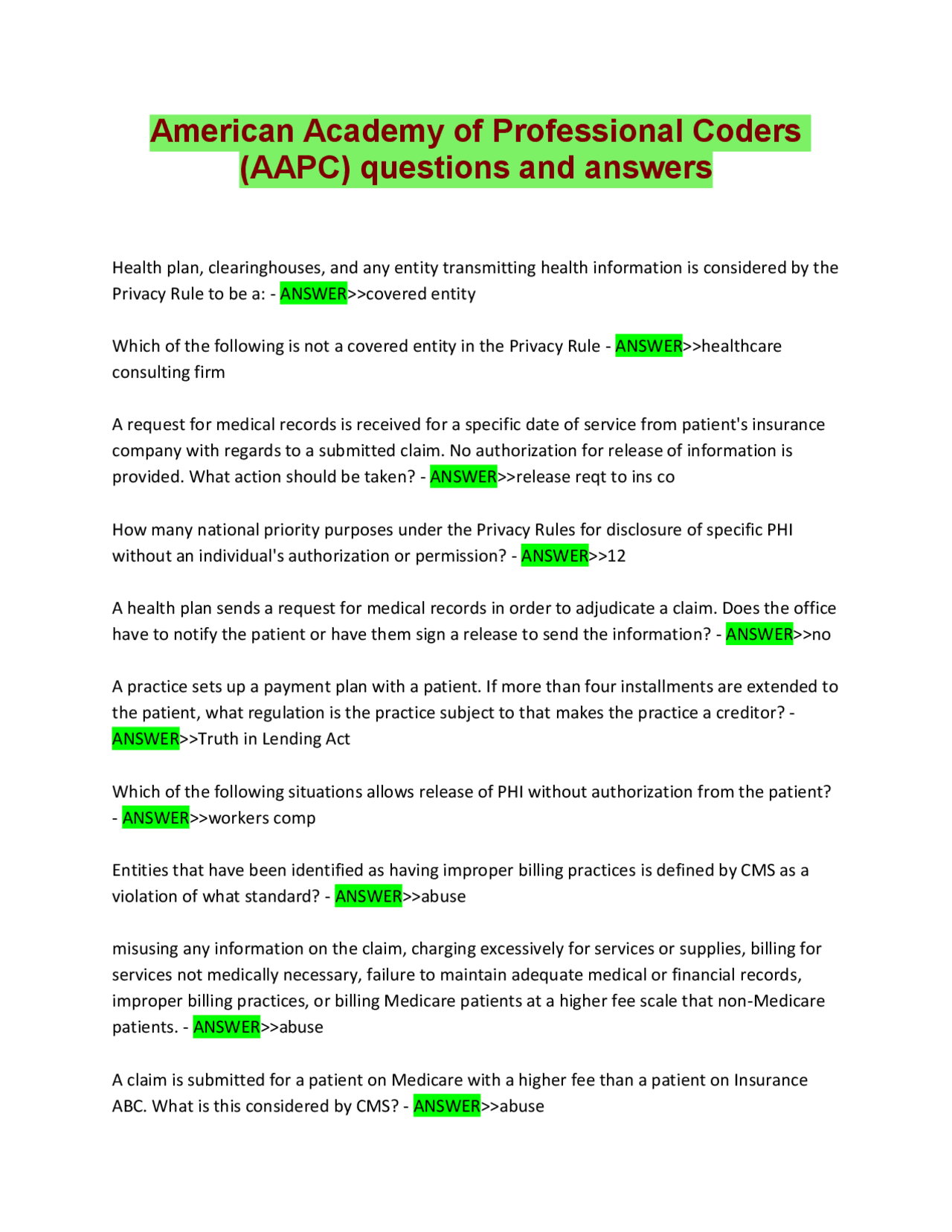 American Academy of Professional Coders (AAPC) questions and answers ...