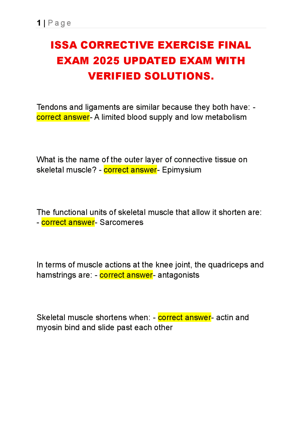 ISSA CORRECTIVE EXERCISE FINAL EXAM 2025 UPDATED EXAM WITH VERIFIED ...