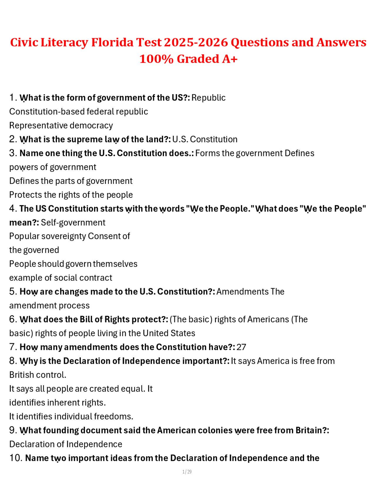 Civic Literacy Florida Test – 2025–2026 Questions and Answers – 100% ...