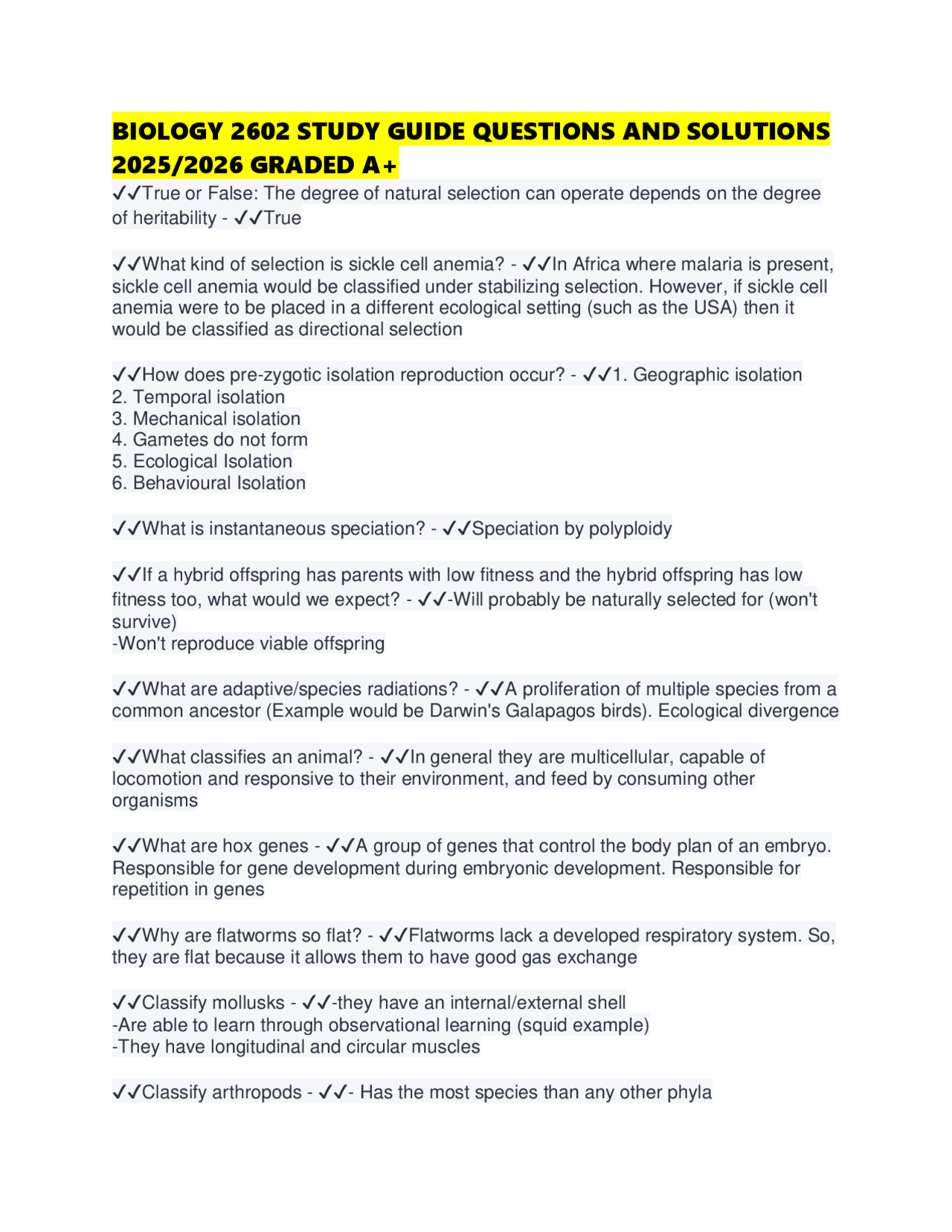BIOLOGY 2602 STUDY GUIDE QUESTIONS AND SOLUTIONS 2025/2026 GRADED A+ ...