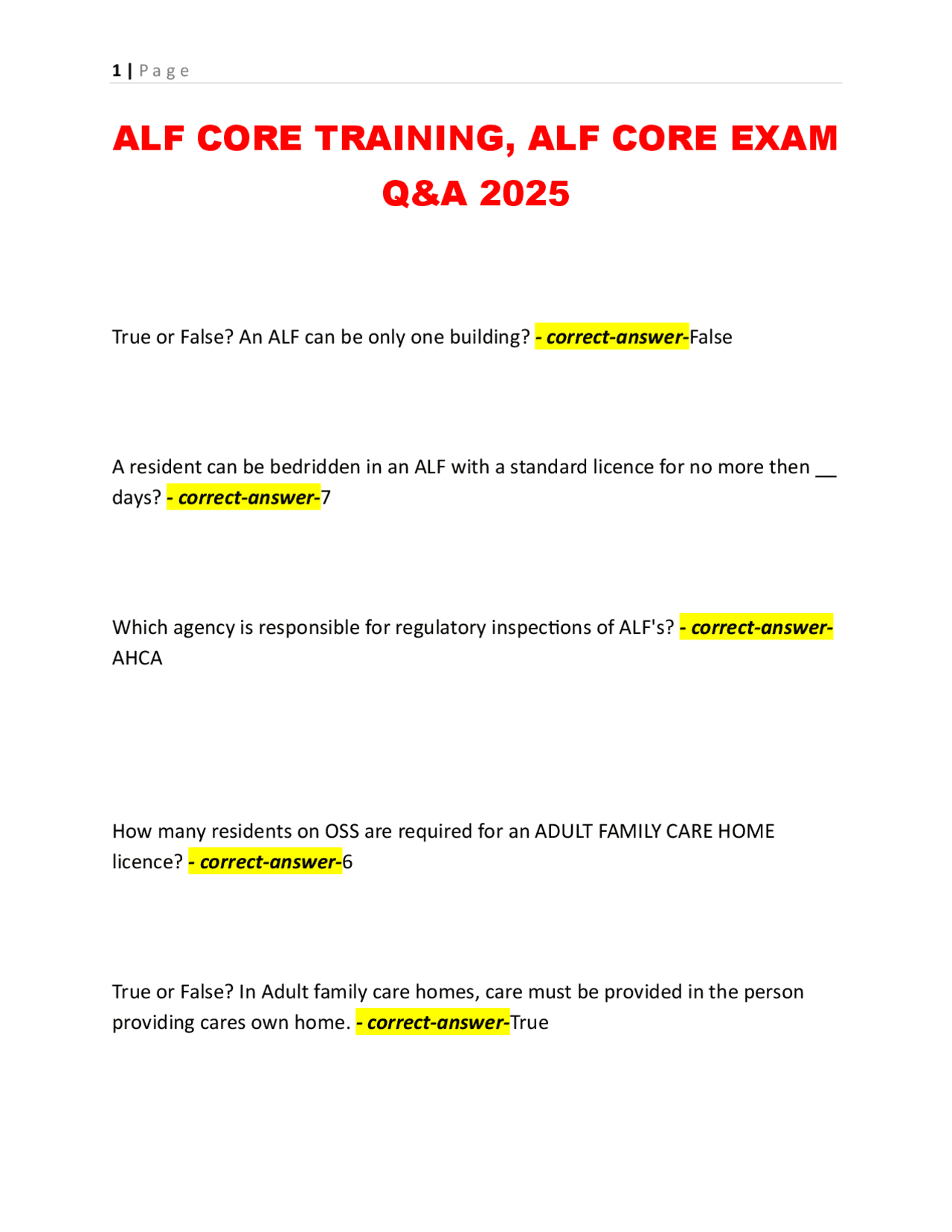 ALF CORE TRAINING, ALF CORE EXAM Q&A 2025 | Exams Construction | Docsity