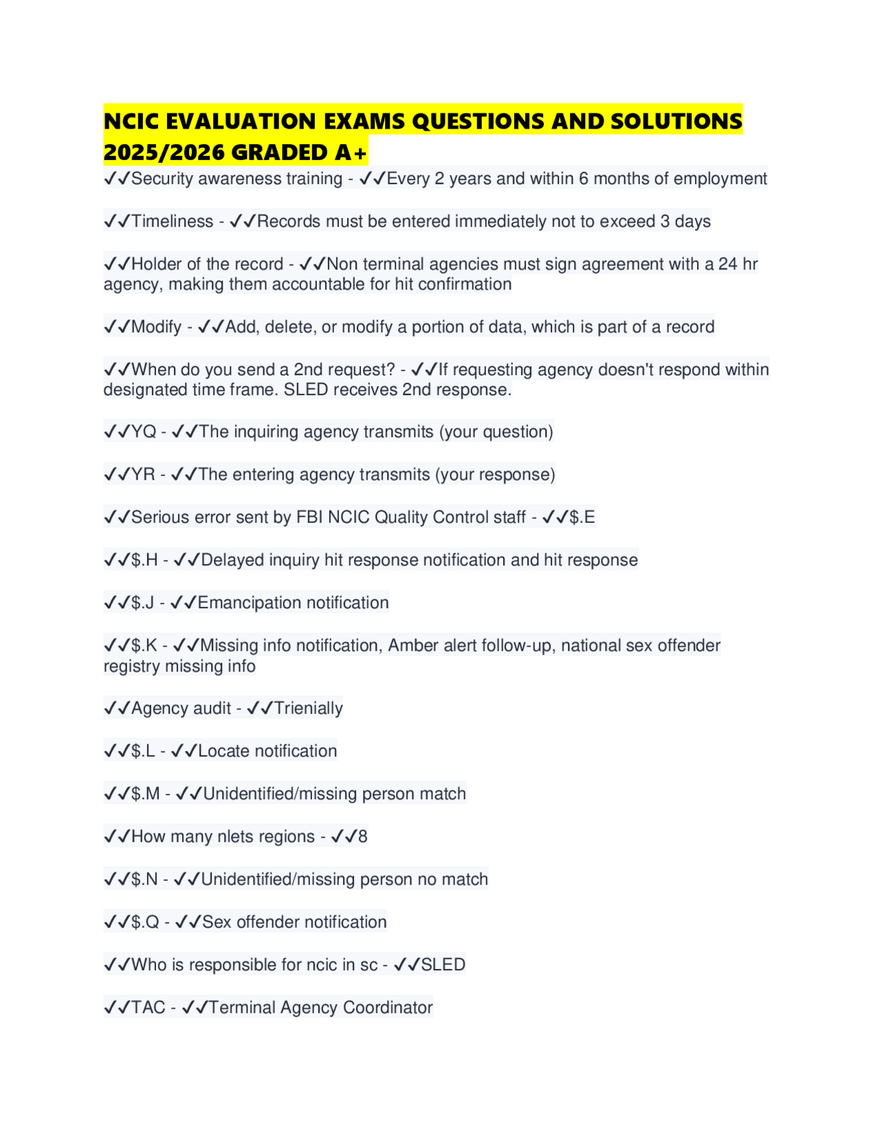 NCIC EVALUATION EXAMS QUESTIONS AND SOLUTIONS 2025/2026 GRADED A+ | Exams Criminal Justice | Docsity