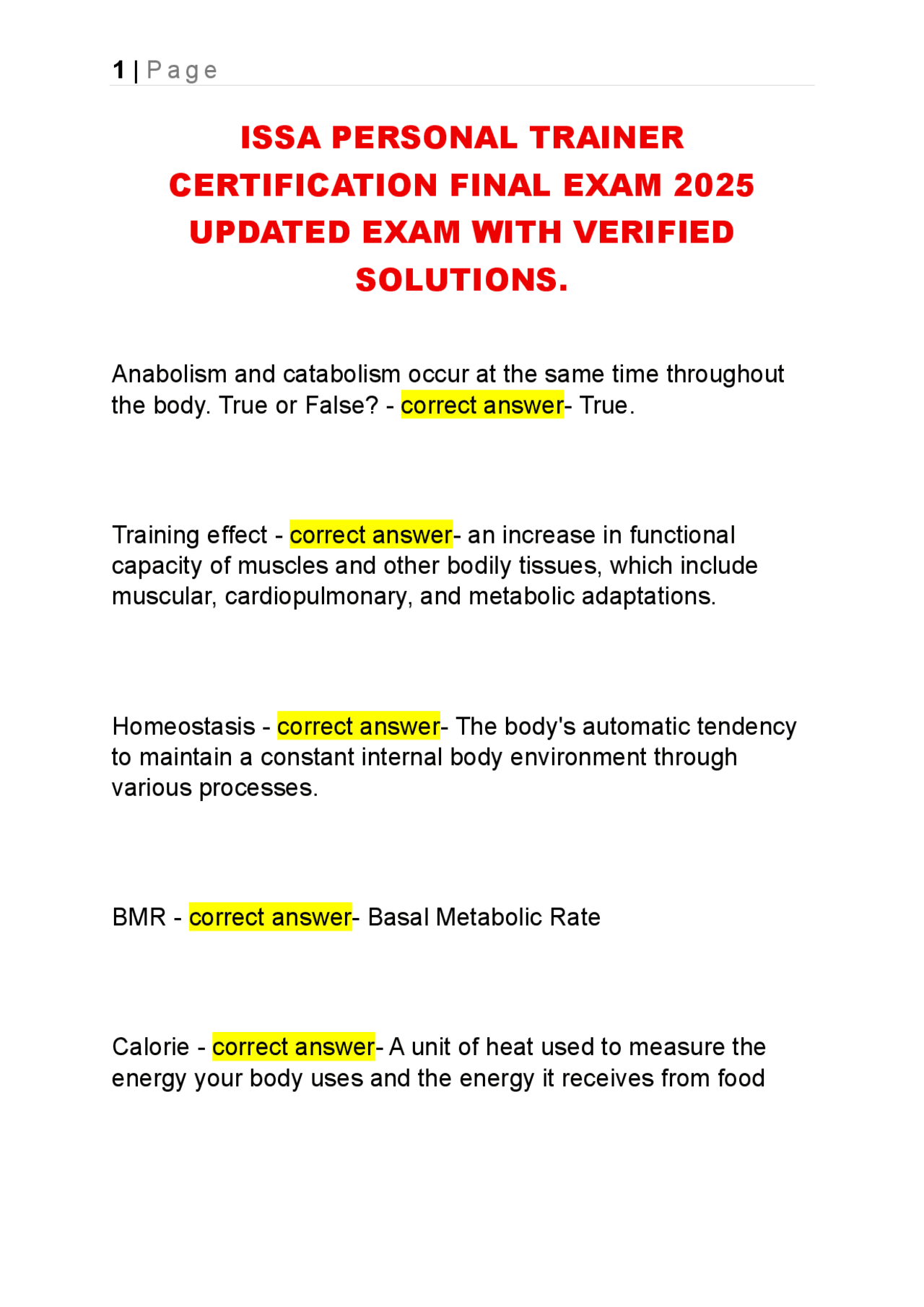 ISSA PERSONAL TRAINER CERTIFICATION FINAL EXAM 2025 UPDATED EXAM WITH ...