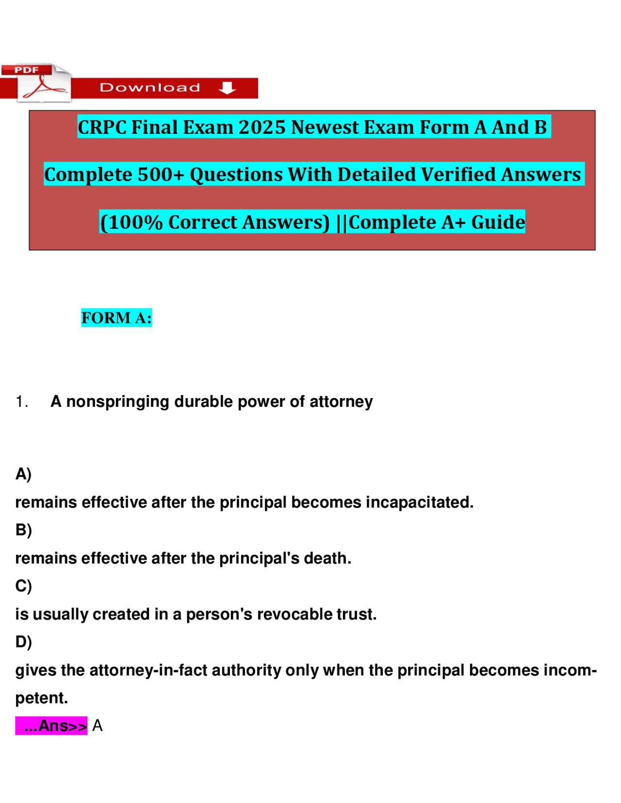 CRPC Final Exam 2025 Newest Exam Form A And B Complete 500+ Questions ...
