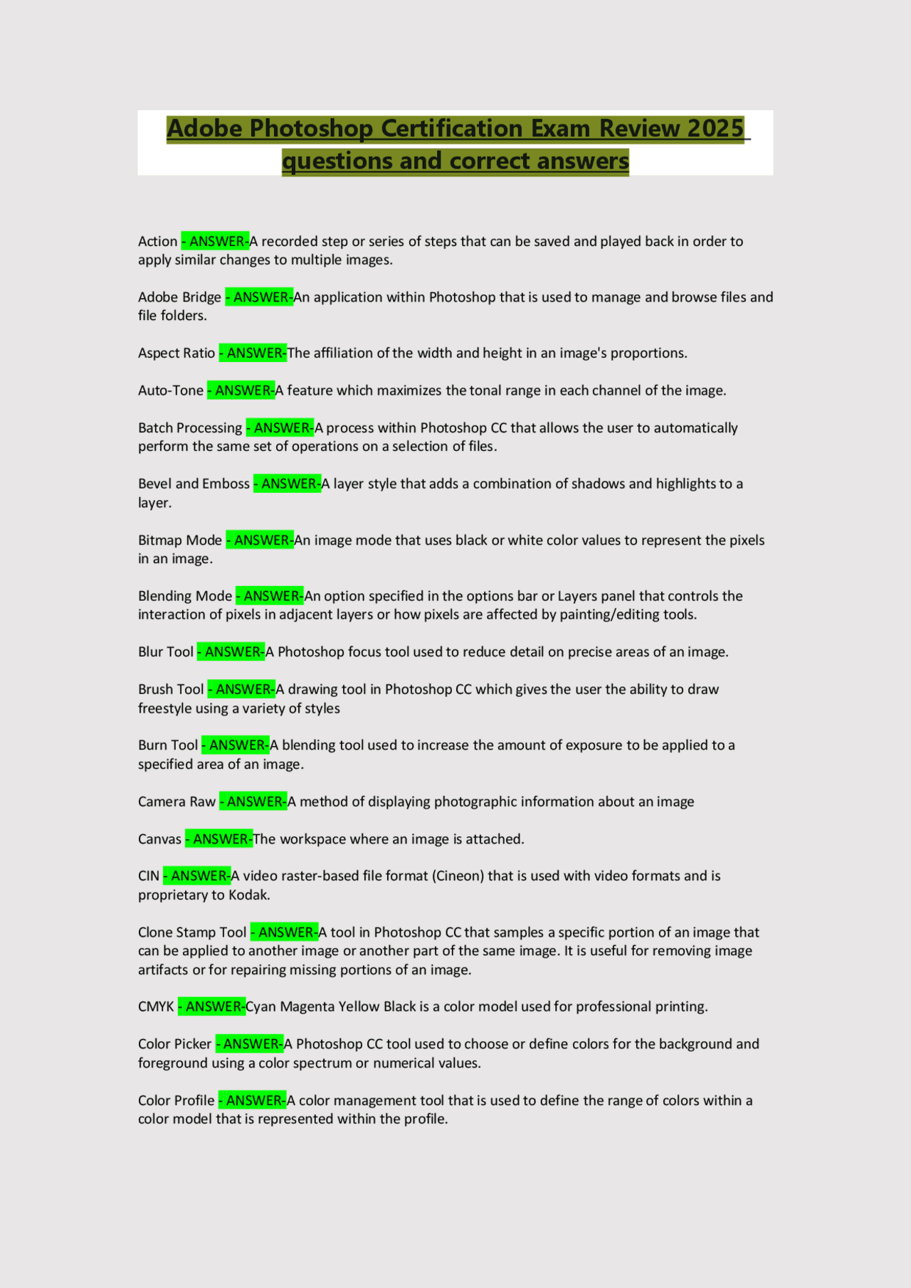 Adobe Photoshop Certification Exam Review 2025 questions and correct ...
