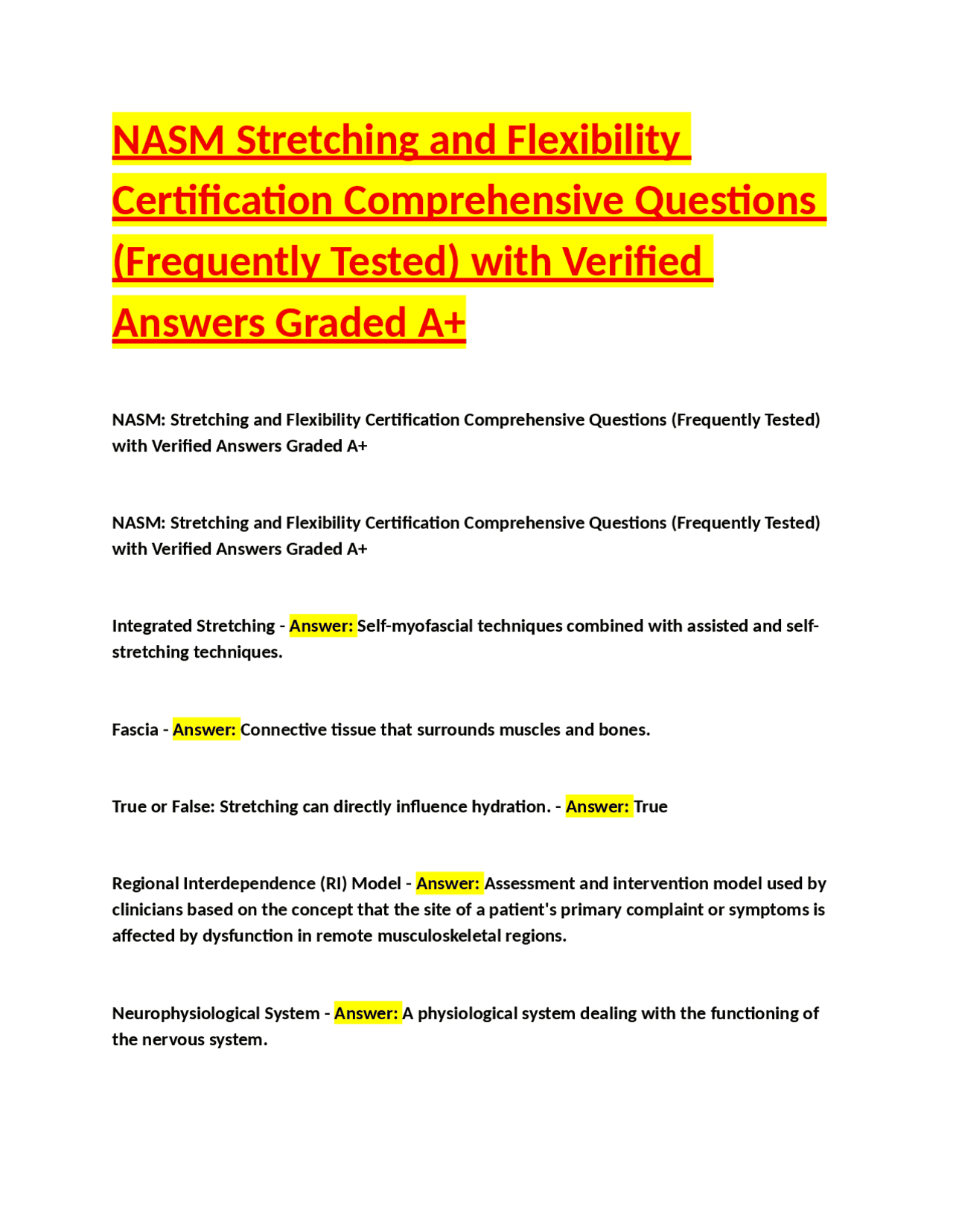 NASM Stretching and Flexibility Certification Comprehensive Questions ...