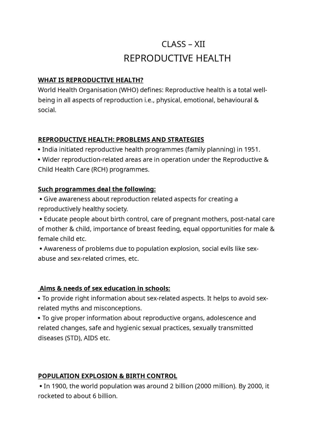 Class 12th Chapter 3 Reproductive health | Study notes Biology | Docsity