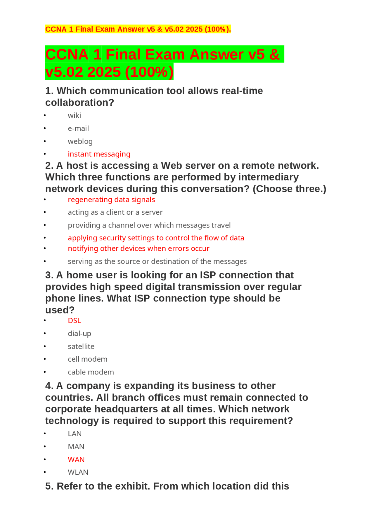 CCNA 1 Final Exam Answer v5 & v5.02 2025 (100%). | Exams Nursing | Docsity