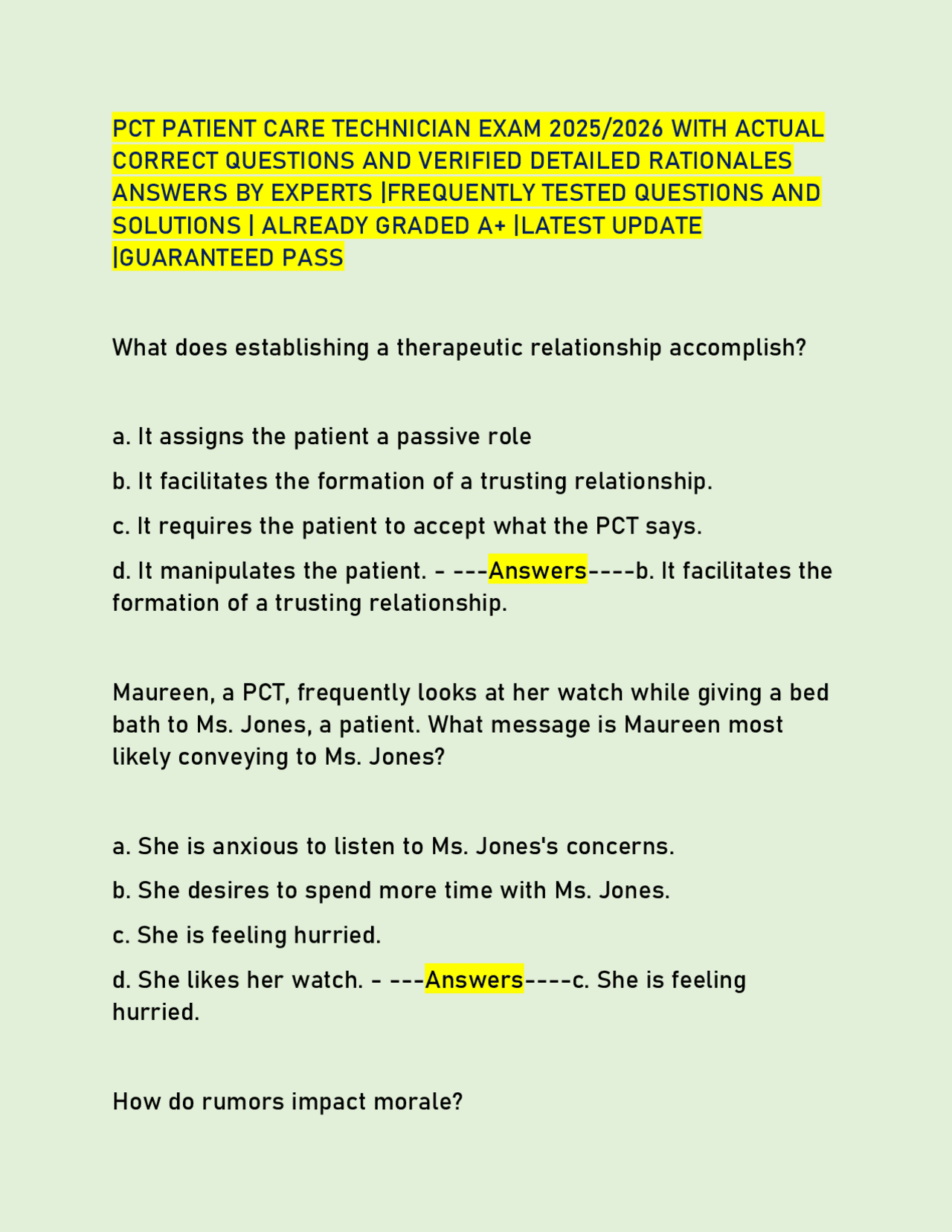 PCT PATIENT CARE TECHNICIAN EXAM 2025/2026 WITH ACTUAL CORRECT ...