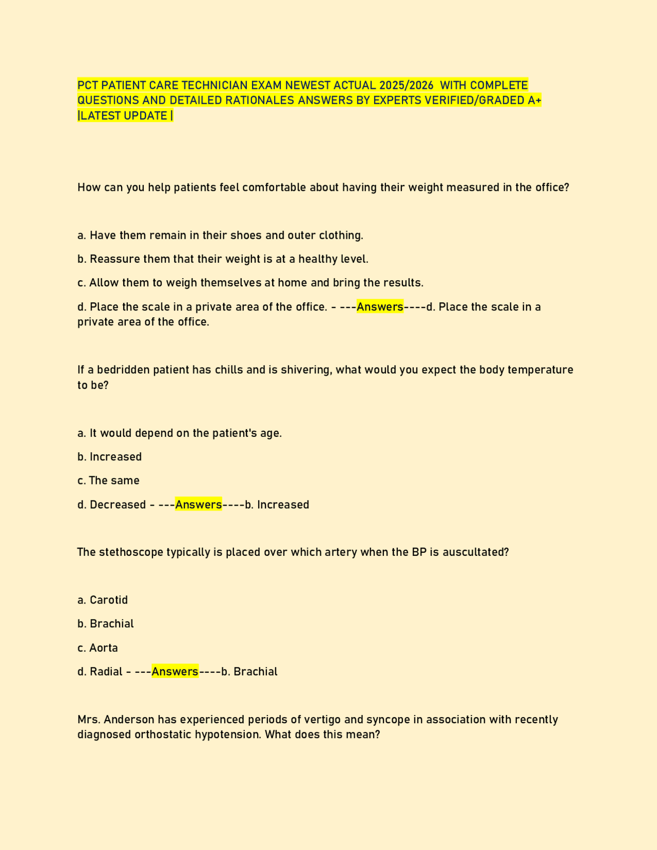 PCT PATIENT CARE TECHNICIAN EXAM NEWEST ACTUAL 2025/2026 WITH COMPLETE ...