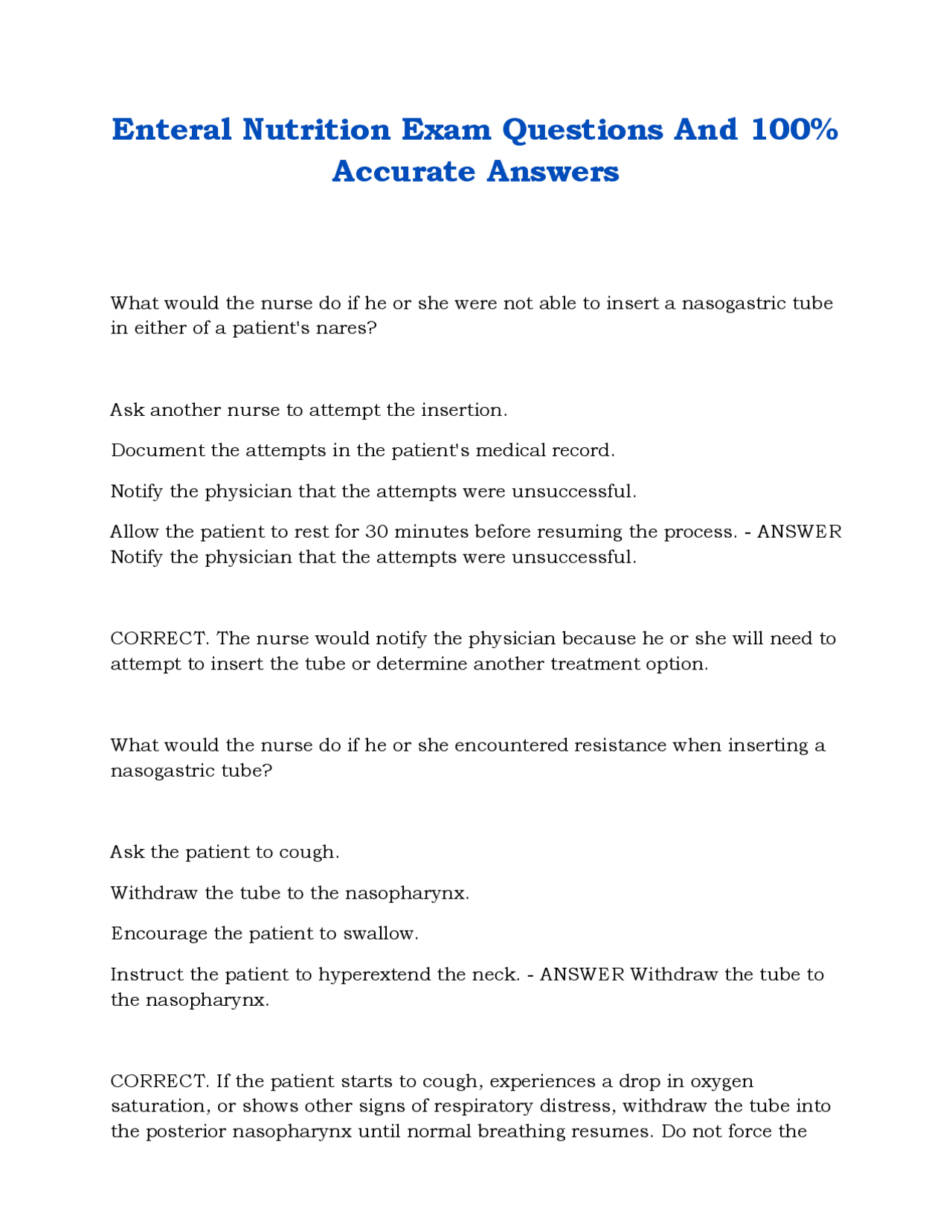 Enteral Nutrition Exam Questions And 100% Accurate Answers | Exams ...