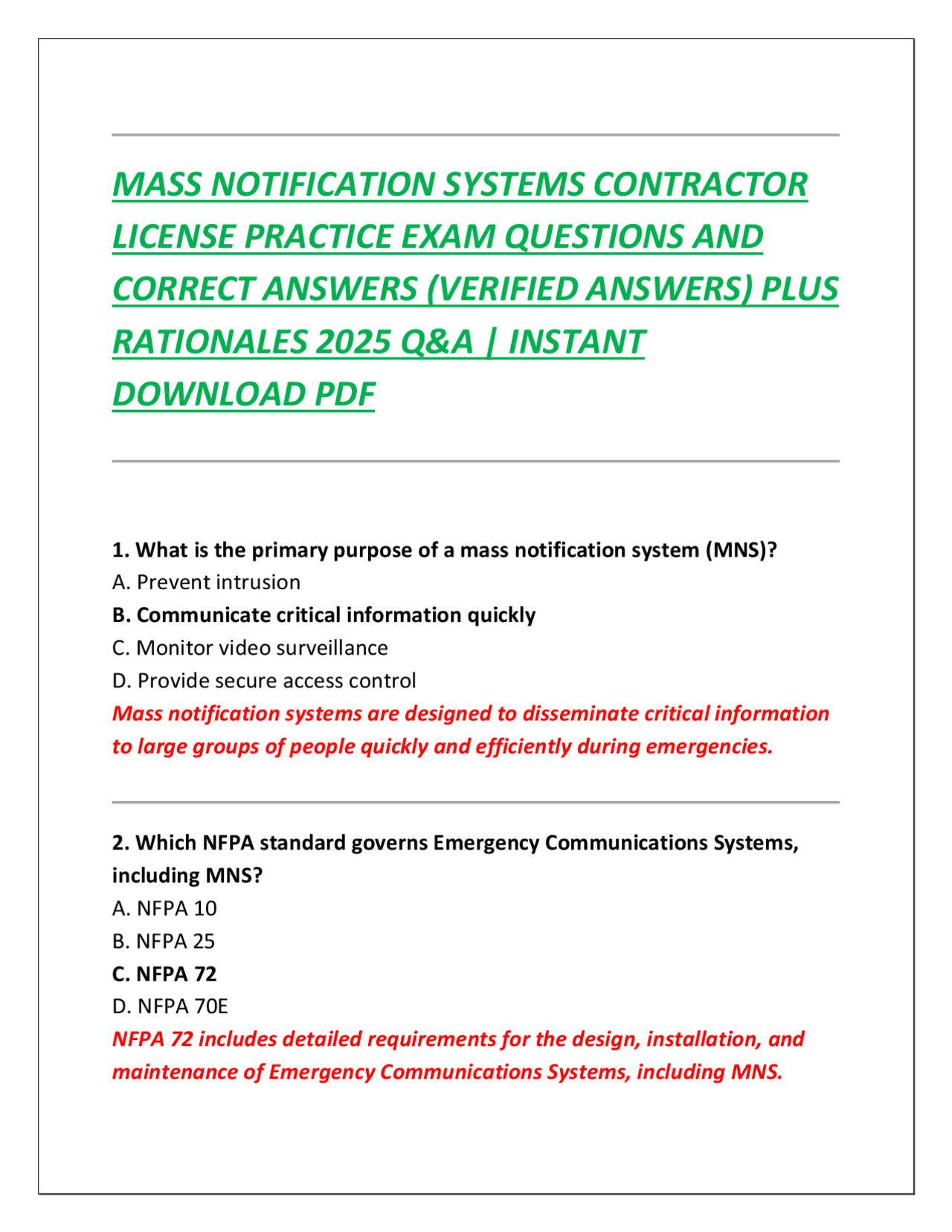 MASS NOTIFICATION SYSTEMS CONTRACTOR LICENSE PRACTICE EXAM QUESTIONS ...