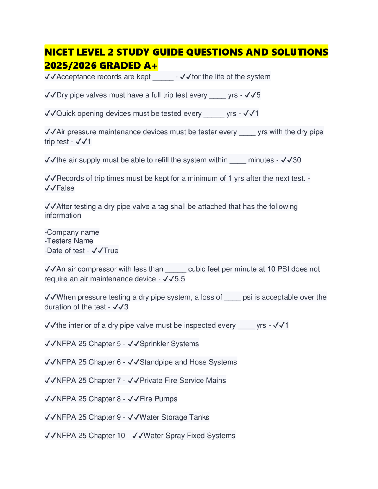 NICET LEVEL 2 STUDY GUIDE QUESTIONS AND SOLUTIONS 2025/2026 GRADED A+ ...