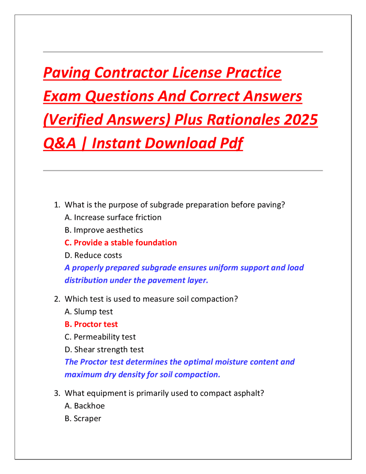Paving Contractor License Practice Exam Questions And Correct Answers ...