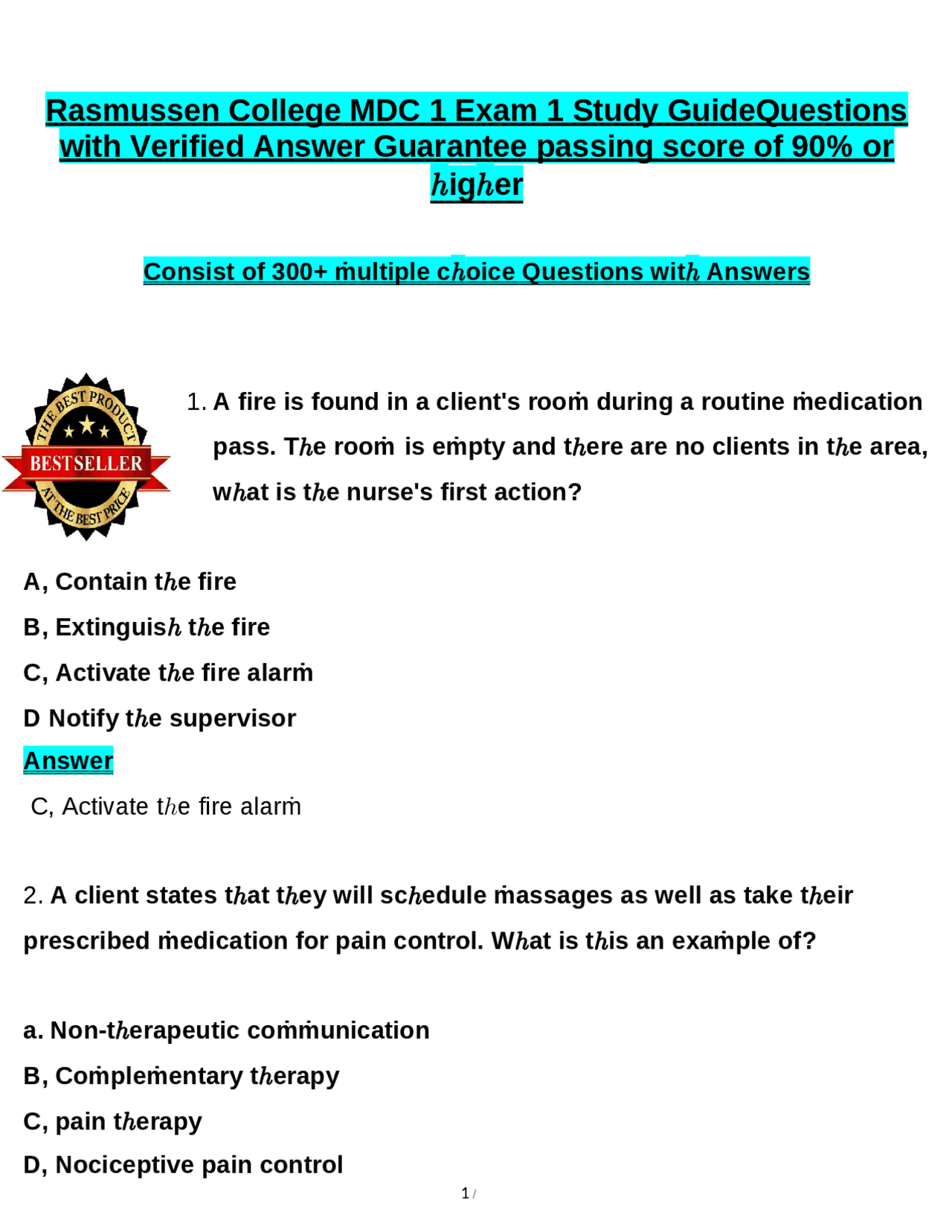 Rasmussen College MDC 1 Exam 1 Study Guide | Exams Nursing | Docsity
