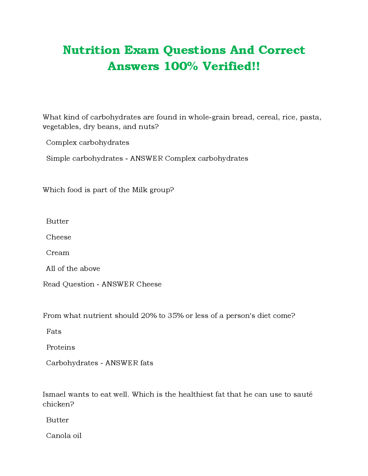 Nutrition Exam Questions And Correct Answers 100% Verified!! | Exams ...