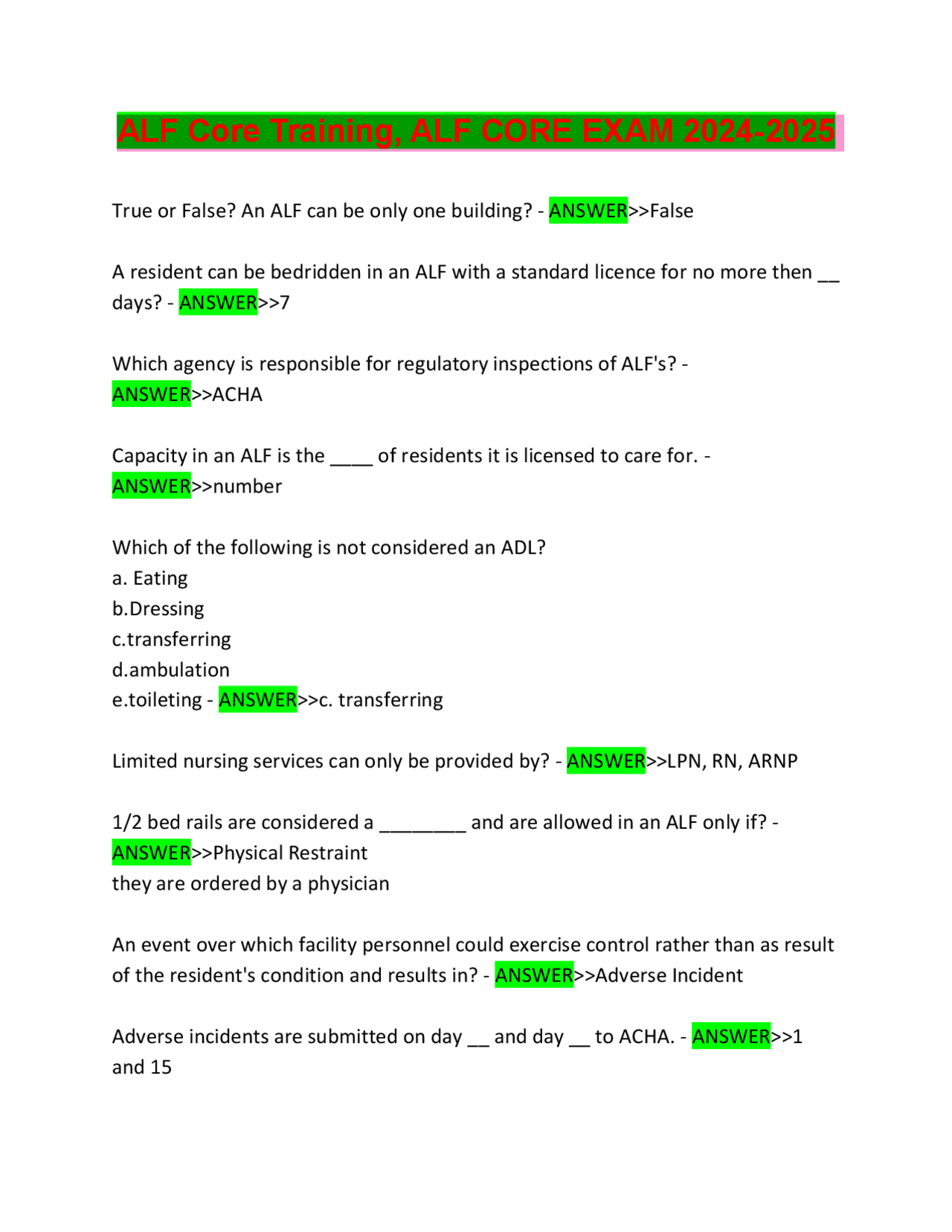 ALF Core Training, ALF CORE EXAM 2024-2025 | Exams Advanced Education ...