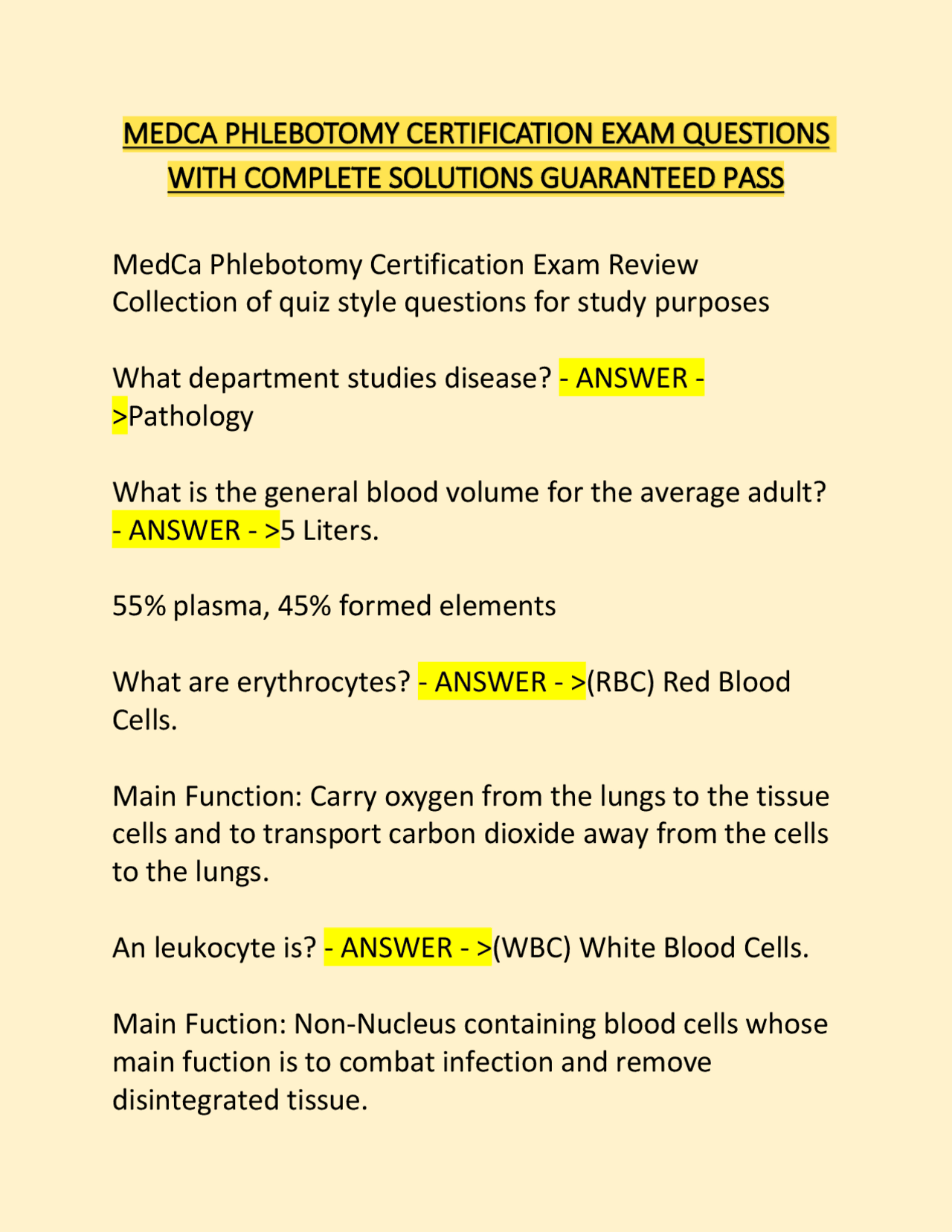 MEDCA PHLEBOTOMY CERTIFICATION EXAM QUESTIONS WITH COMPLETE SOLUTIONS ...