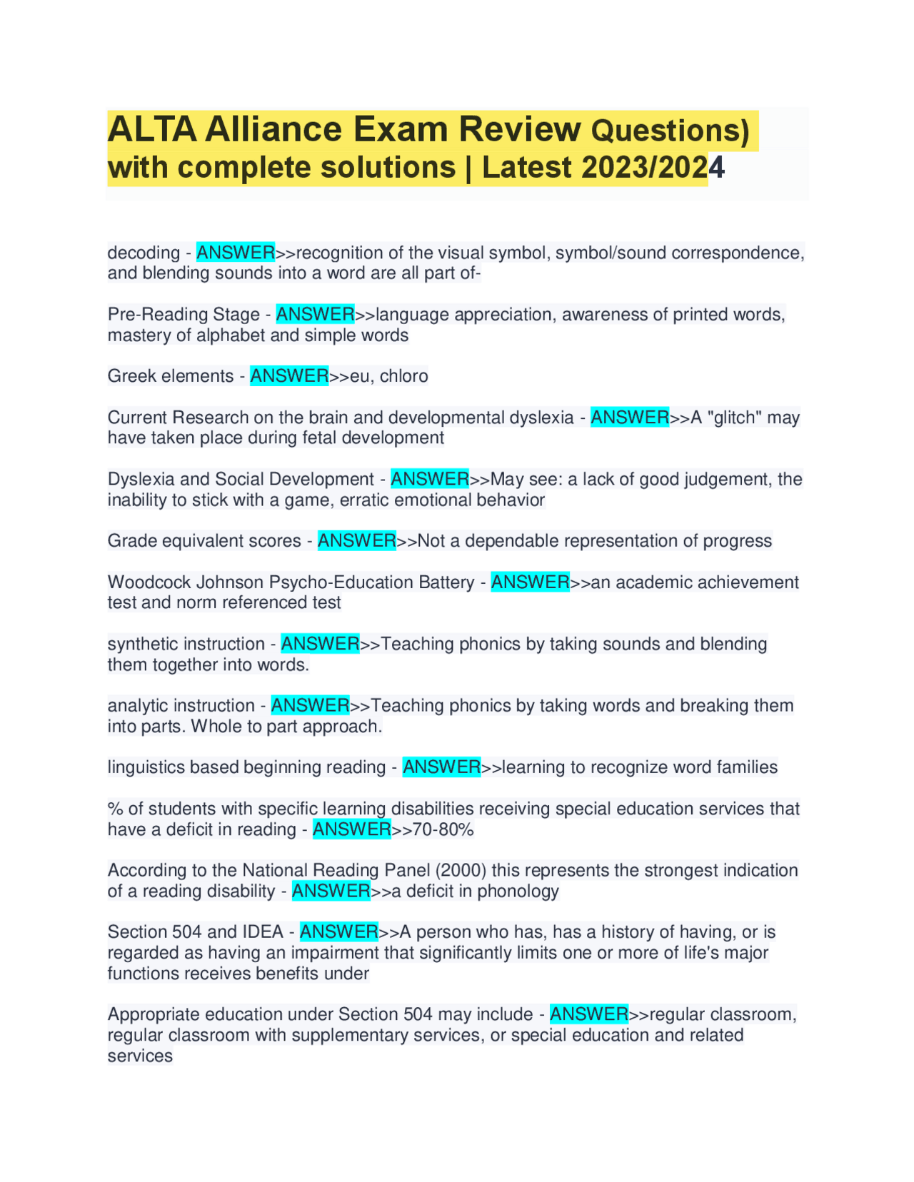 ALTA Alliance Exam Review Questions) with complete solutions | Latest ...